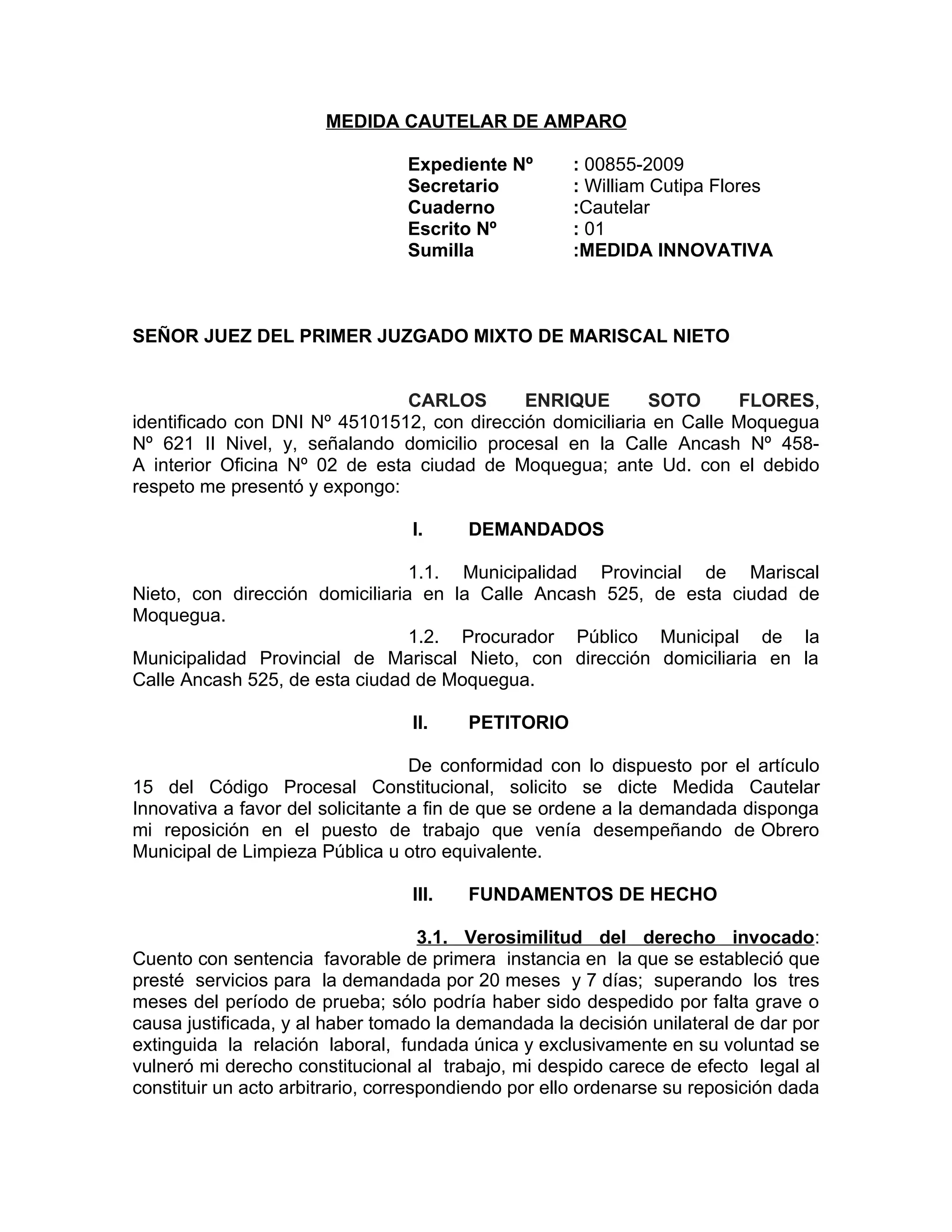 Medida cautelar de amparo | DOC | Law