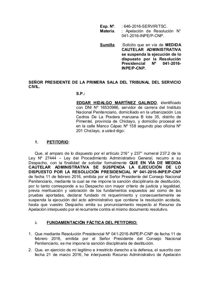 Medida Cautelar Para Suspender Resolución De Destitucion Por Posesion…