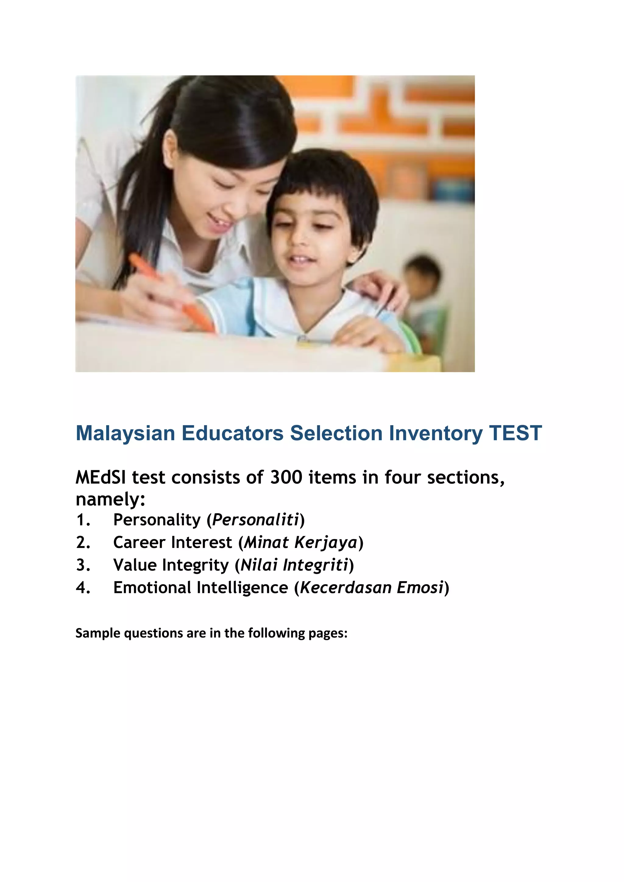 MEdSI (Malaysian Educators Selection Inventory TEST) Guide & Sample | PDF