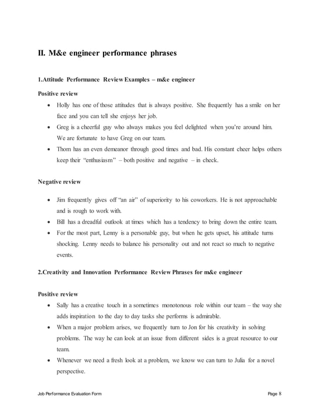M&e engineer performance appraisal | DOCX