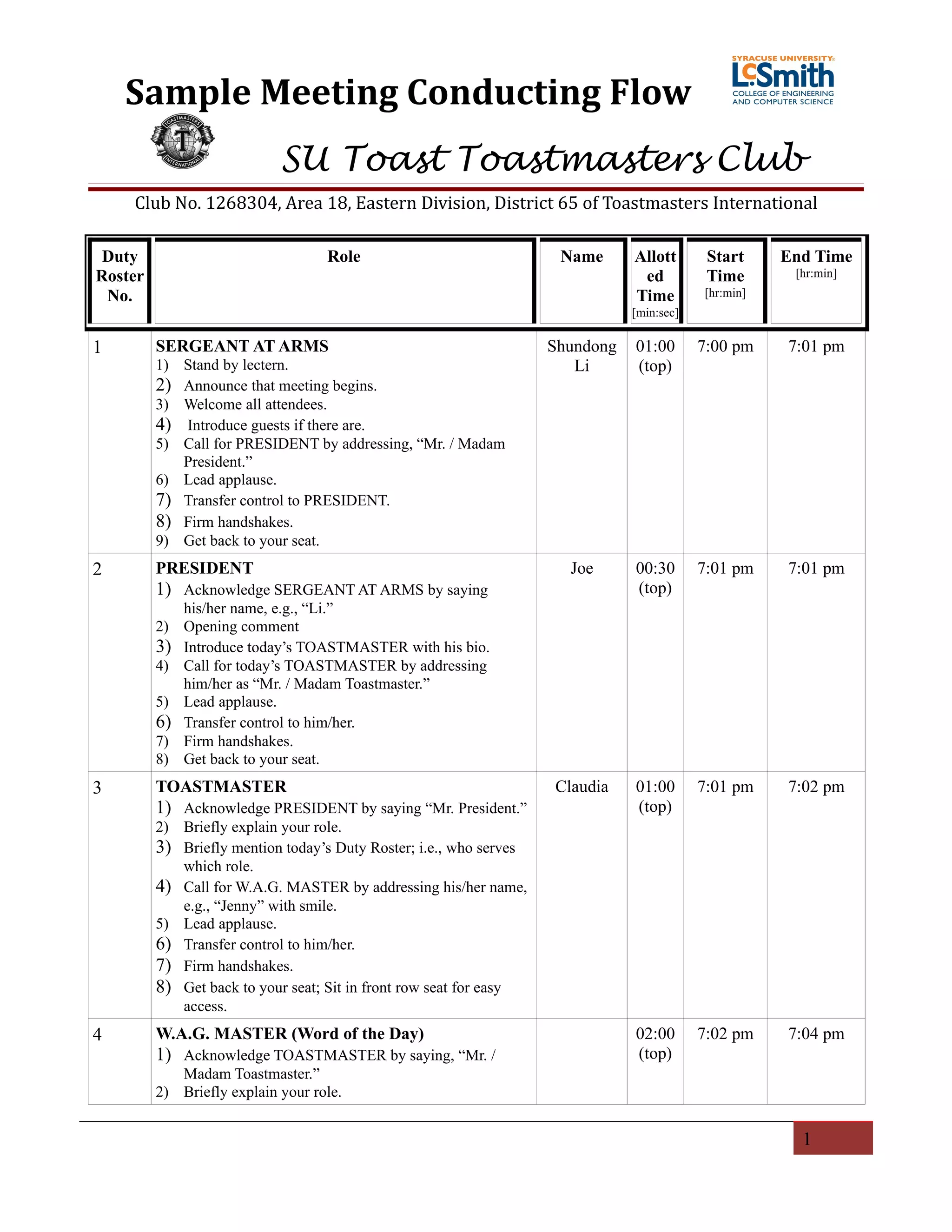 SU Toast Toastmasters' Meeting Conducting Flow | DOC