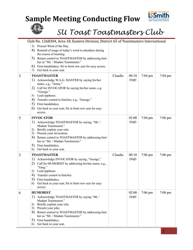 SU Toast Toastmasters' Meeting Conducting Flow | DOC | Food & Drink