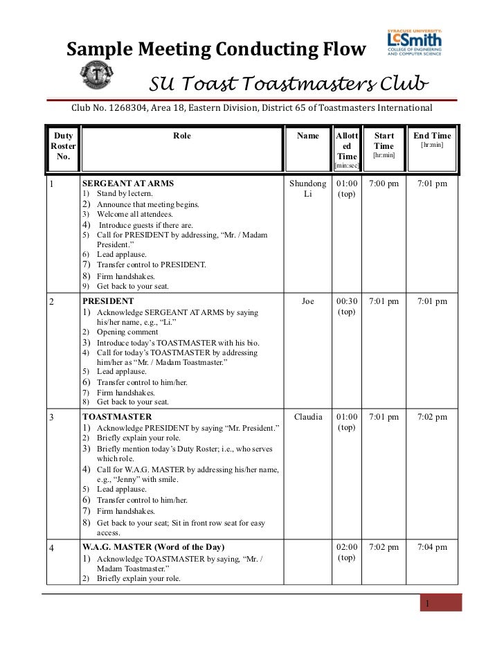 SU Toast Toastmasters' Meeting Conducting Flow