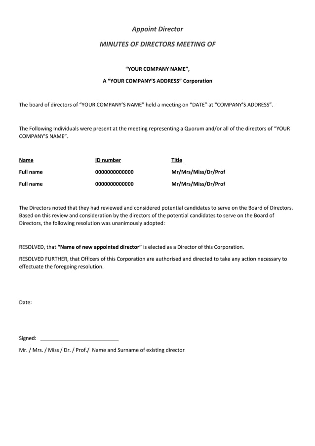 Meeting Minutes - Appoint Director and Resigning Director Template for ...