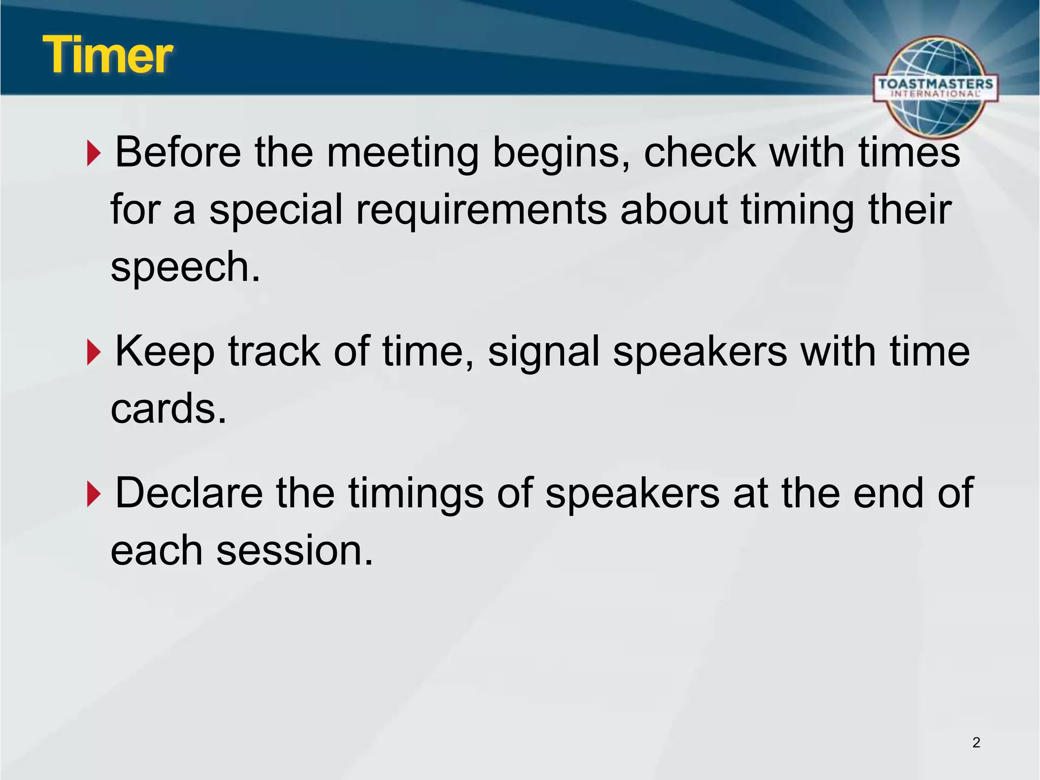 Toastmasters Club Meeting roles and resposiblities | PPTX