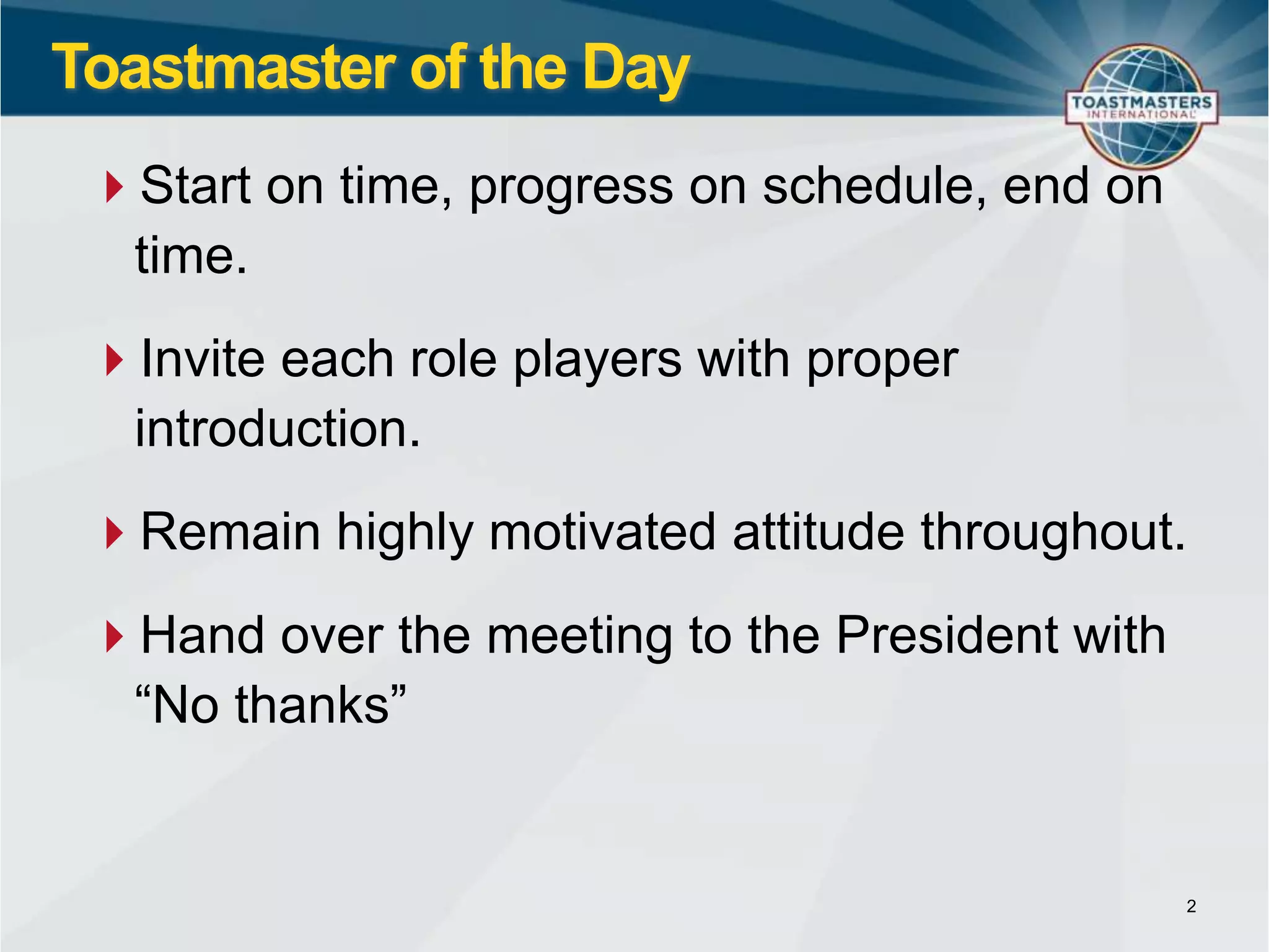 Toastmasters Club Meeting roles and resposiblities | PPTX