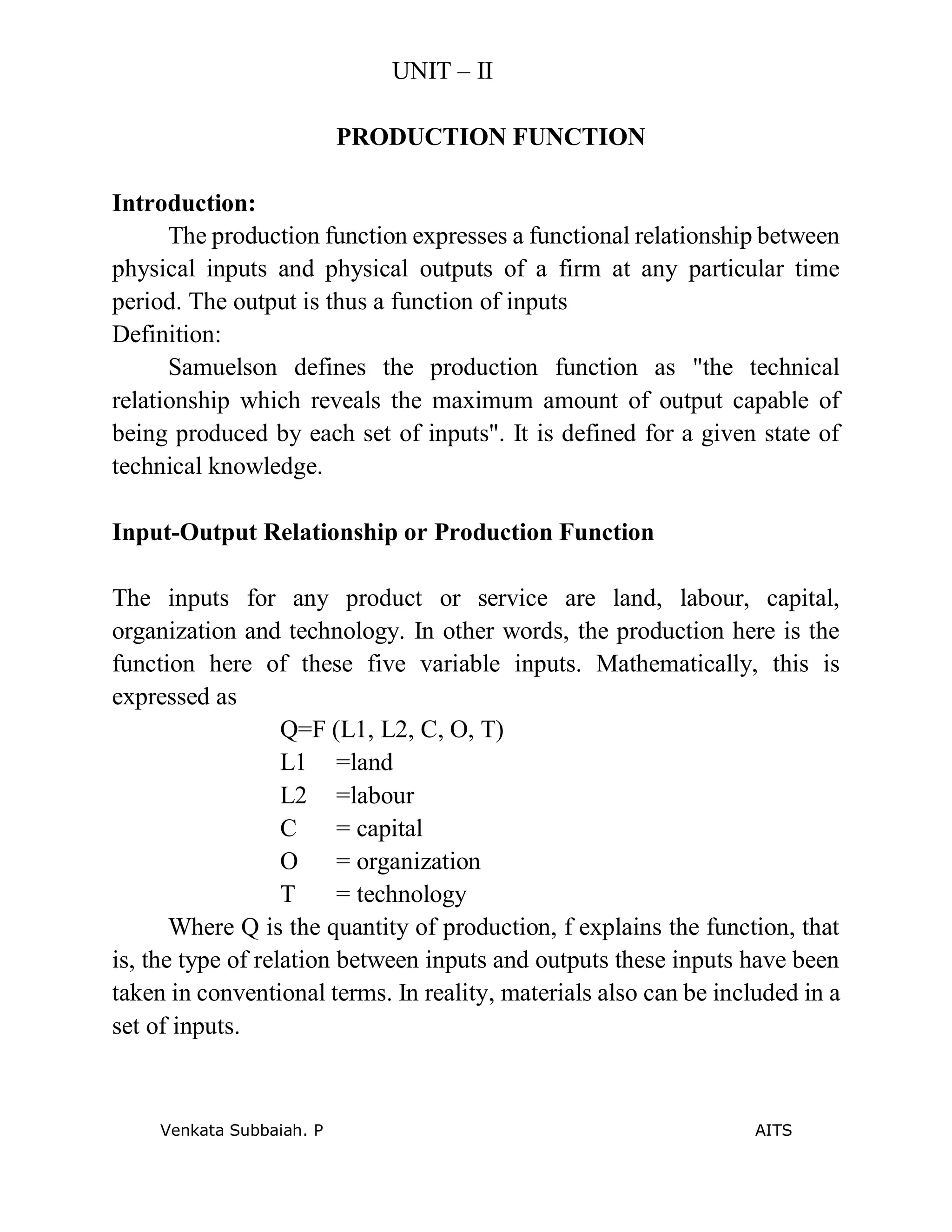 Production Function,Cost Concepts & Cost-Output analysis | PDF