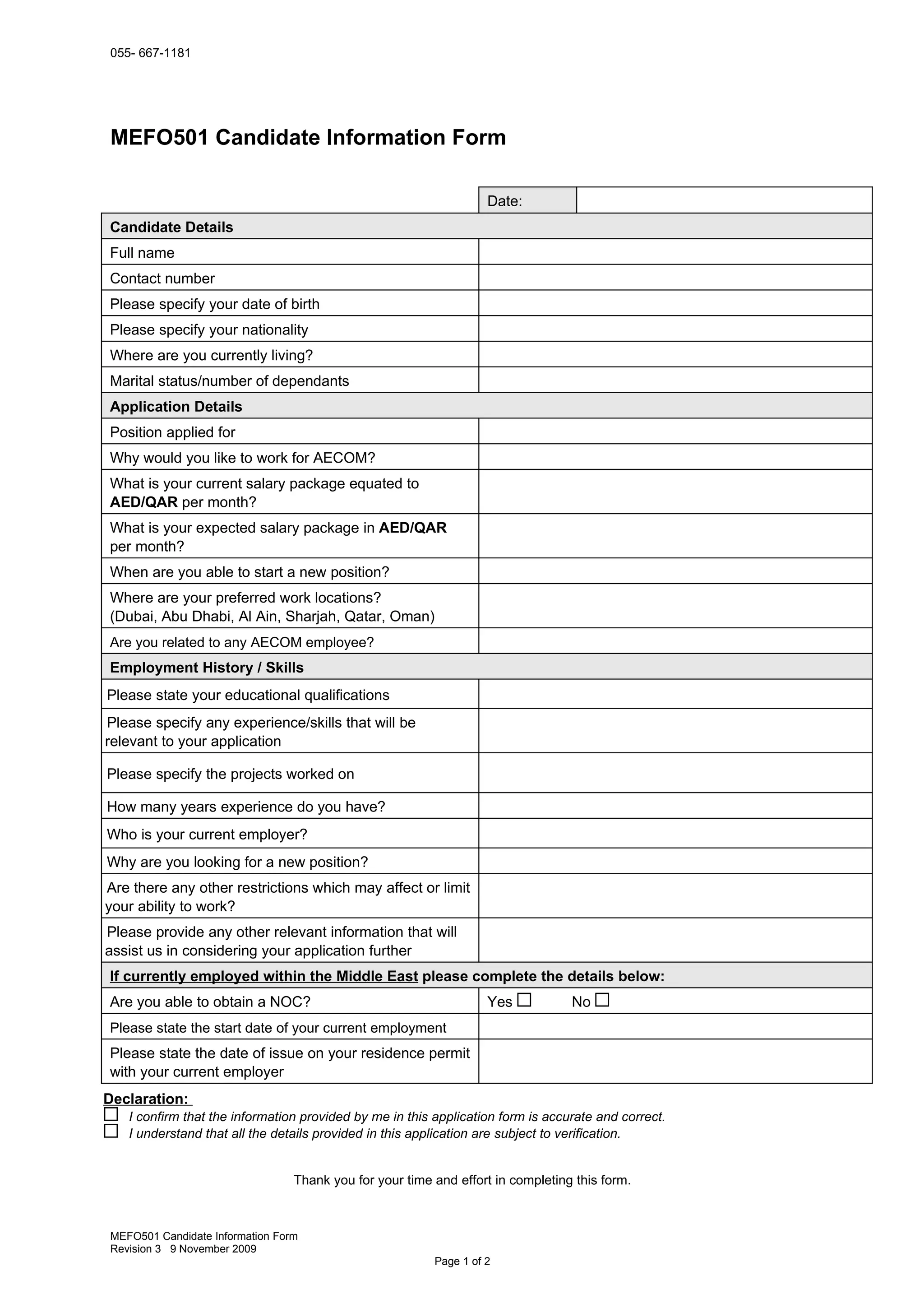 Mefo501 candidate information form | DOC