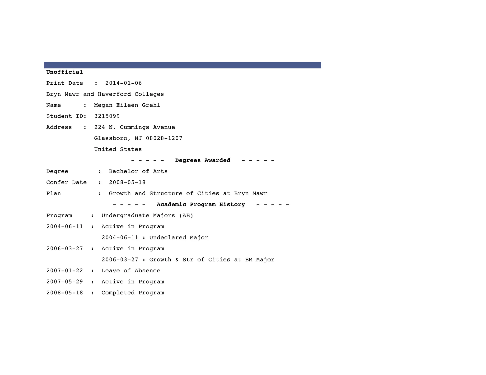 Megan grehl unofficial transcript | PDF