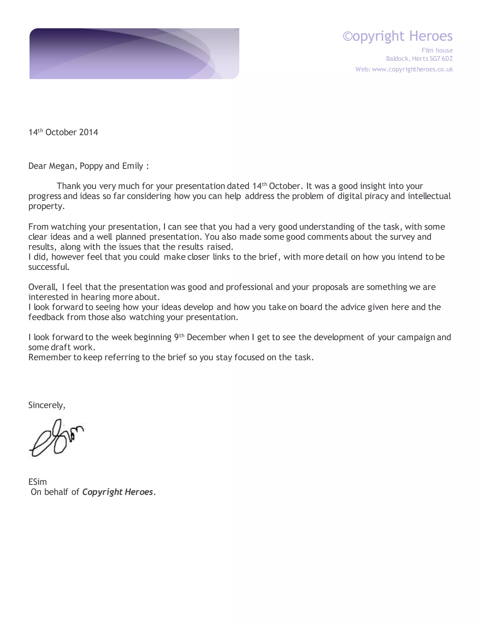 Megan poppy emily feedbck letter | DOCX