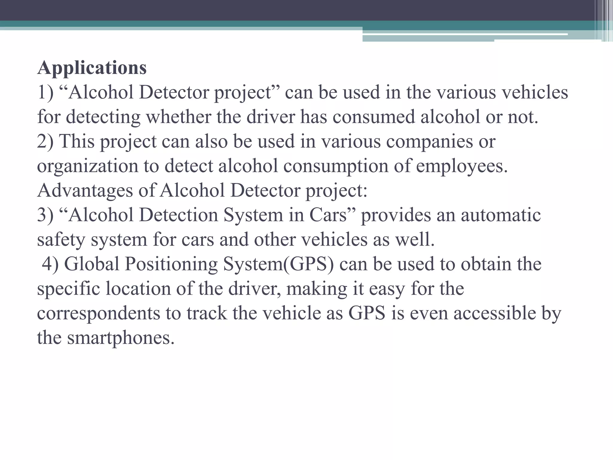 ALCOHOL DETECTION SYSTEM USING GSM TECHNOLOGY | PPTX | Technology ...