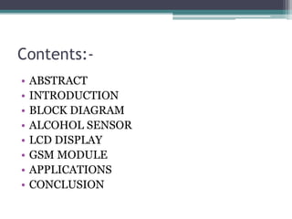 ALCOHOL DETECTION SYSTEM USING GSM TECHNOLOGY | PPTX | Technology ...