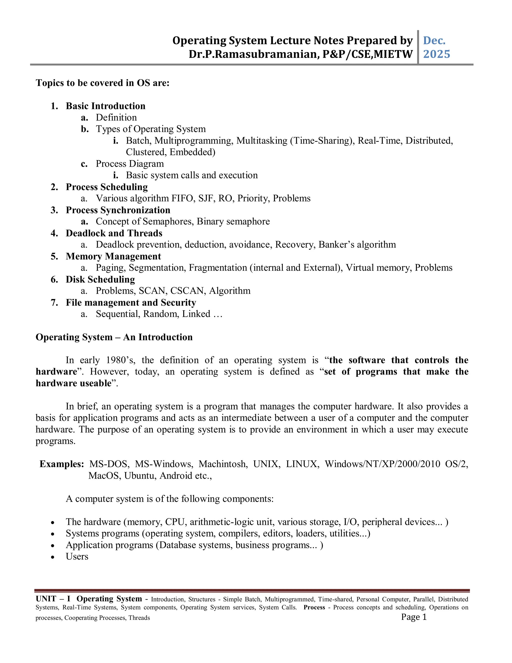 JNTUH R25 regulation, Unit 1 lecture notes for OS | PDF