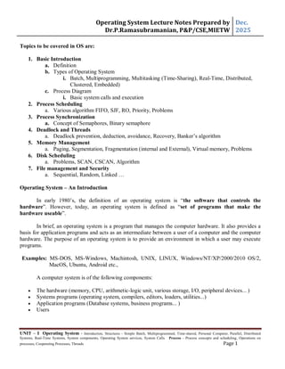 JNTUH R25 regulation, Unit 1 lecture notes for OS | PDF