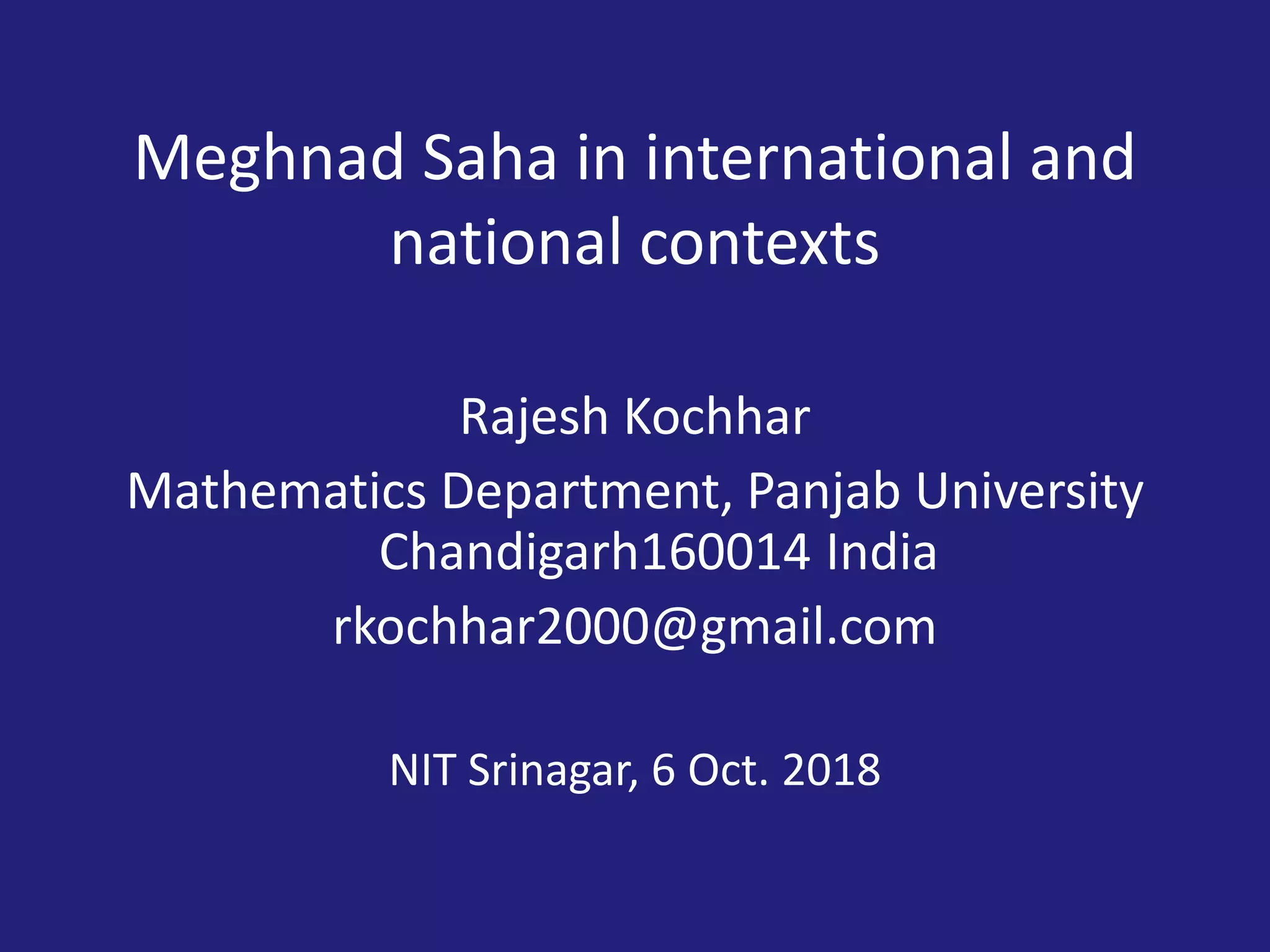 Meghnad Saha in international and national contexts | PPT
