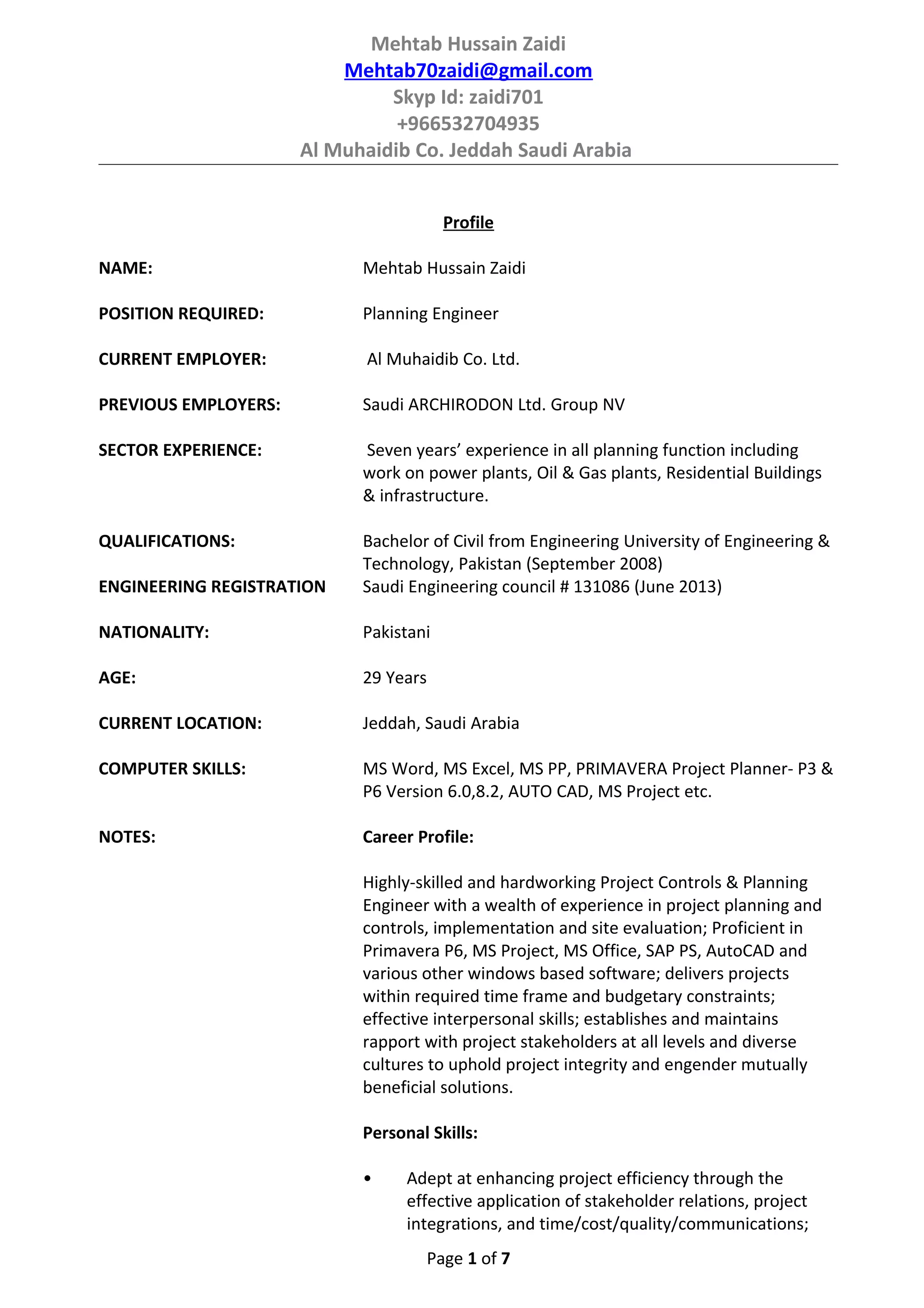 Mehtab zaidi planning engineer cv | DOC | Civil Engineering Industry ...