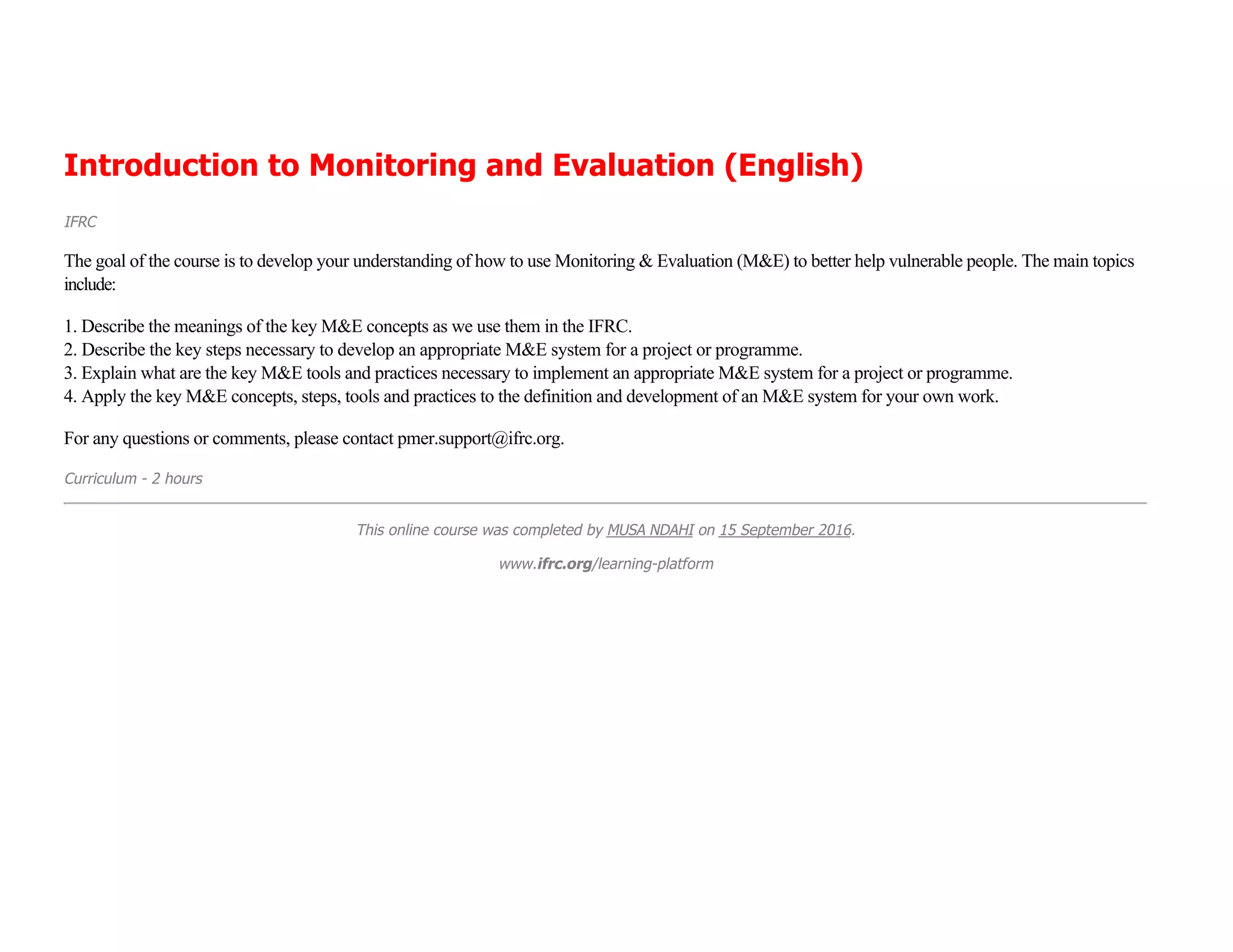 M & E IFRC Course Certificate | PDF