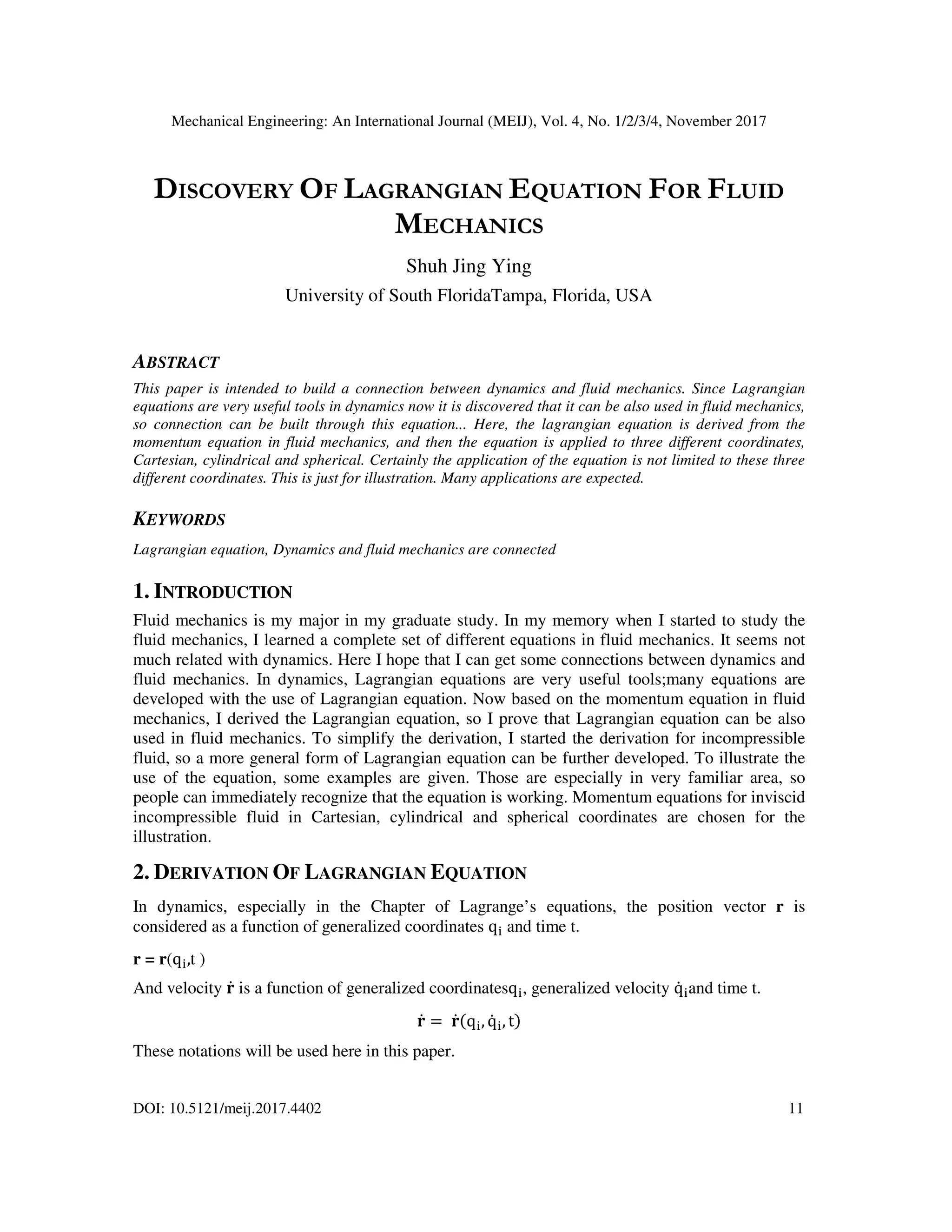 DISCOVERY OF LAGRANGIAN EQUATION FOR FLUID MECHANICS | PDF