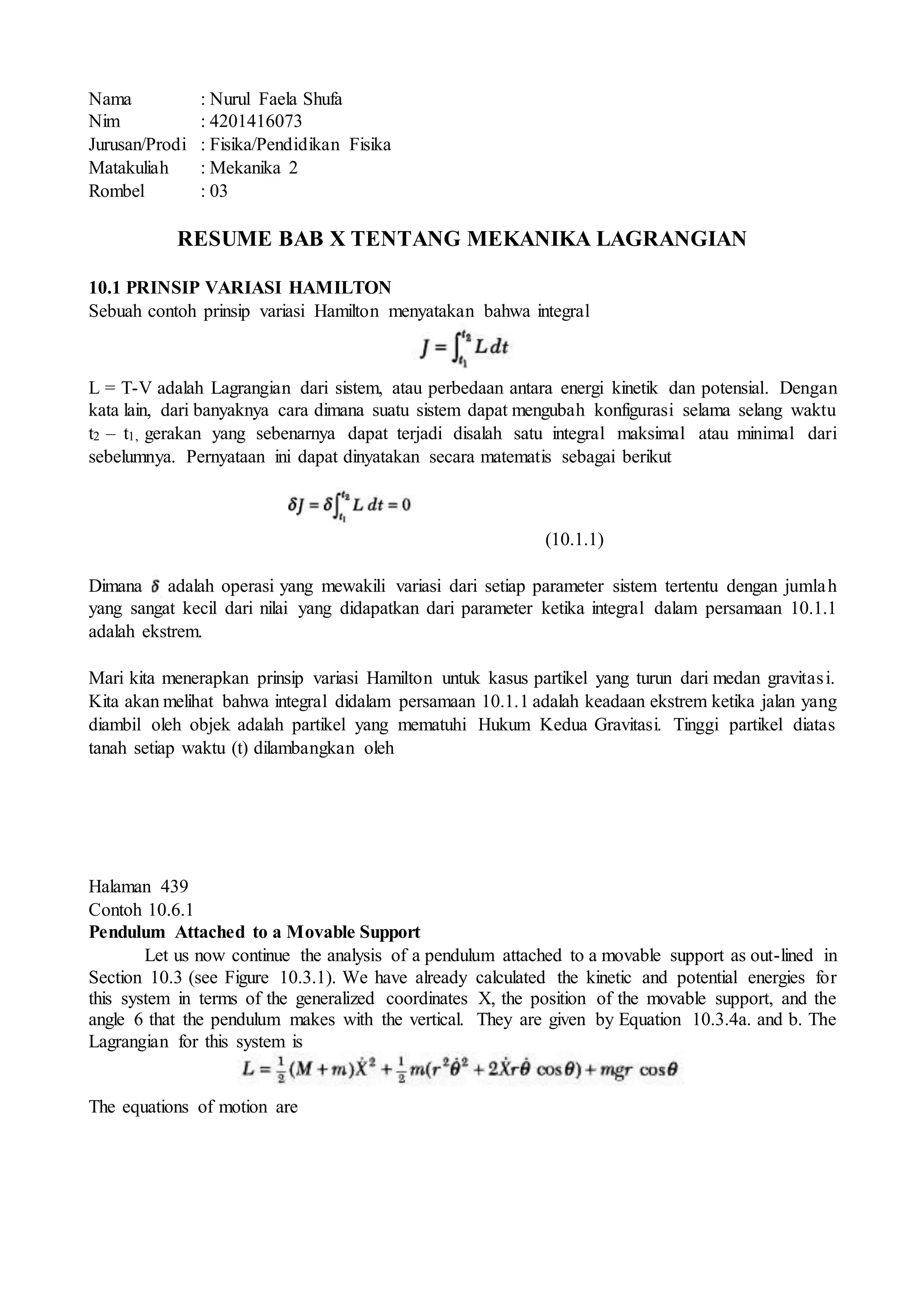 Resume Mekanika 2 bab lagrangian - Fisika UNNES Nurul Faela Shufa | PDF | Free Download