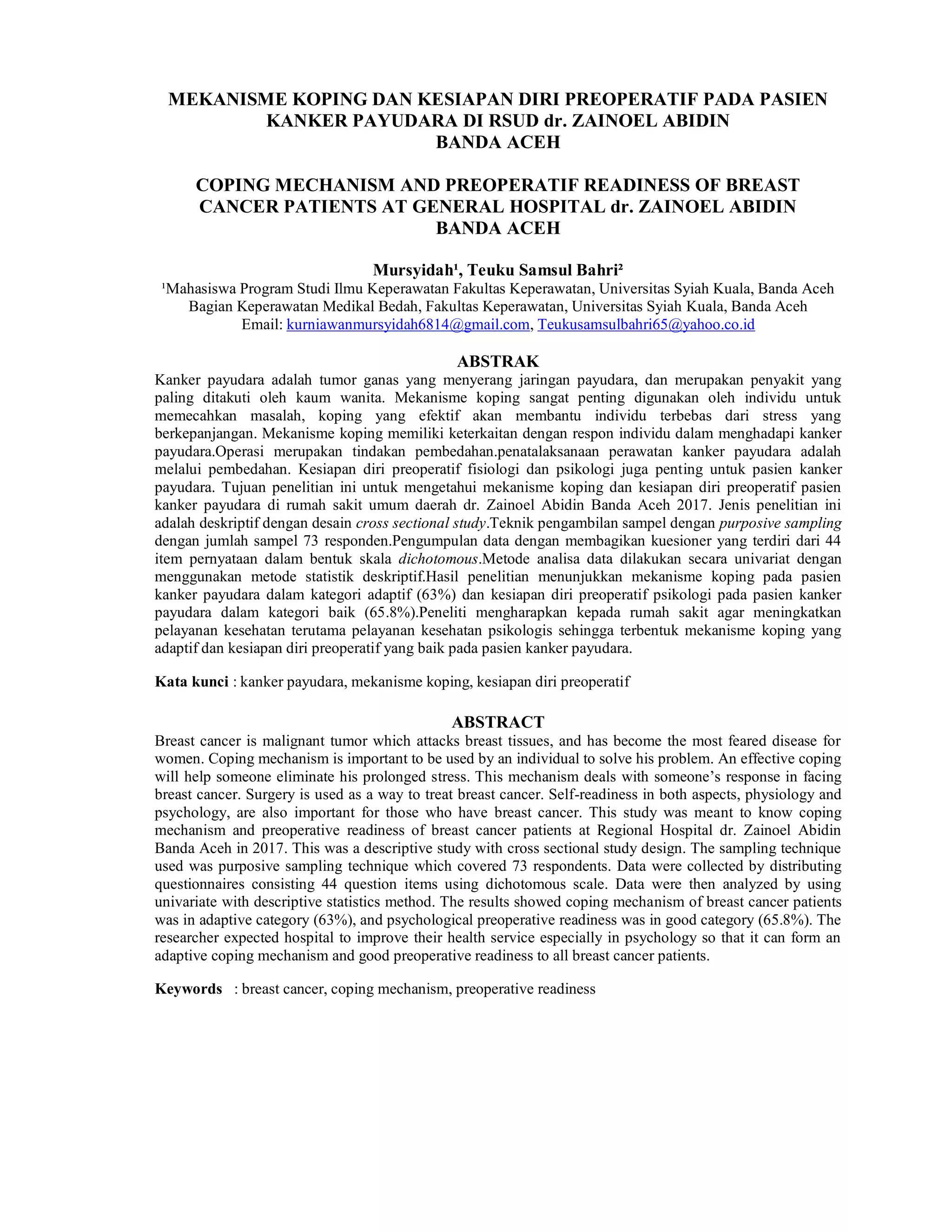 Mekanisme koping dan kesiapan diri preoperatif pada pasien | PDF