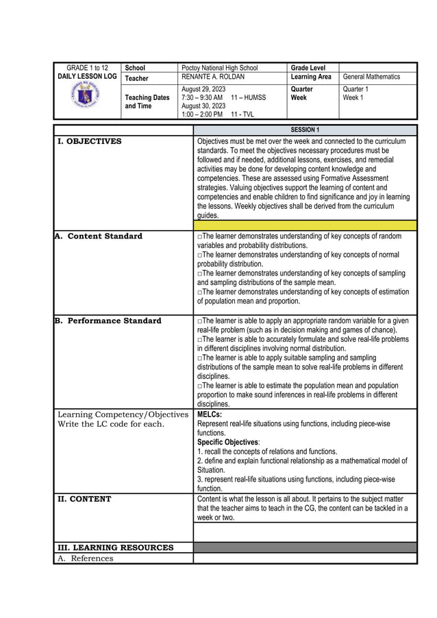 Daily Lesson Plan in General Mathematics | DOCX