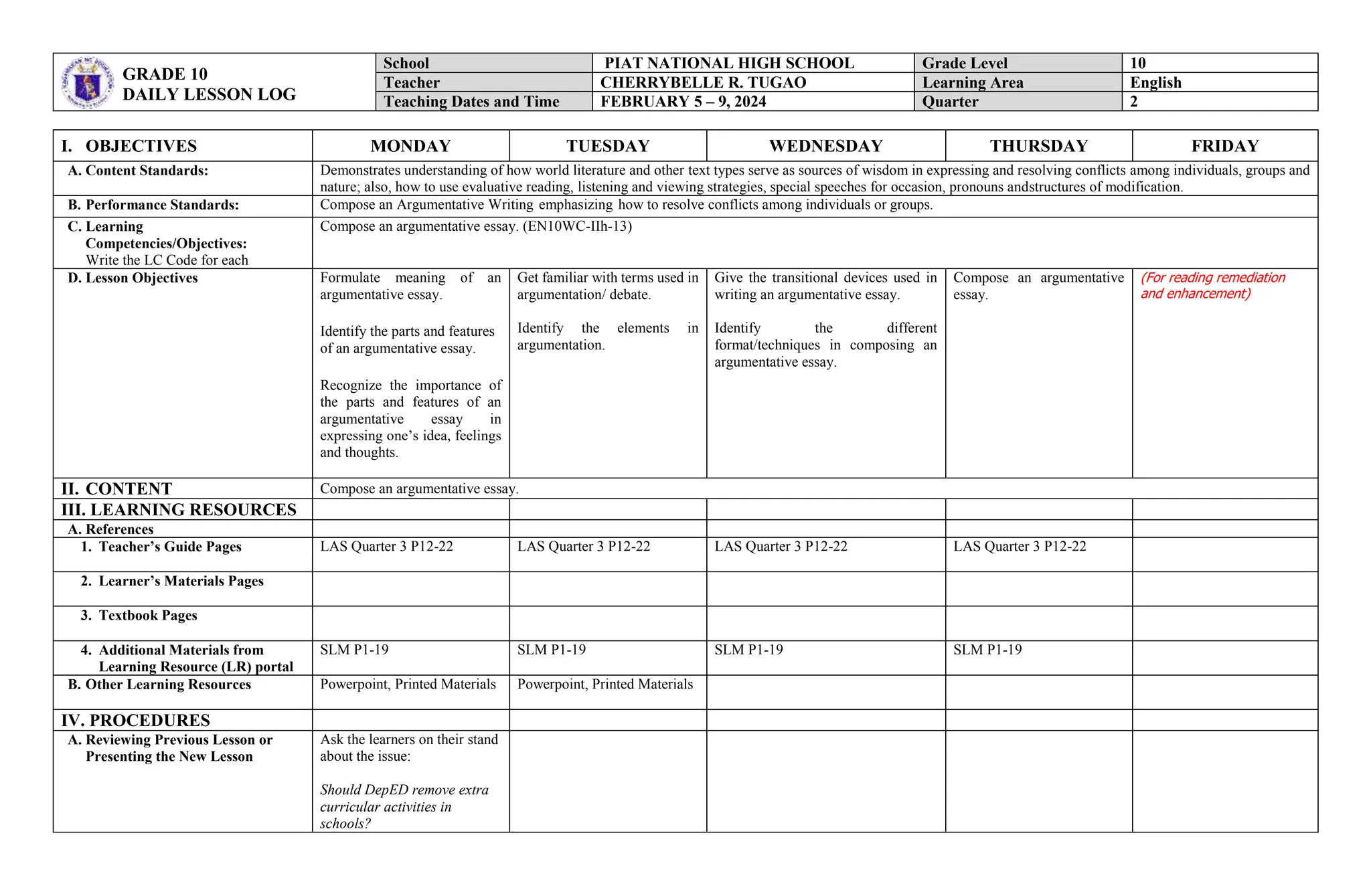 LESSON PLAN IN ENGLISH 10 QUARTER 3 MODULE 1 - COMPOSING AN ...