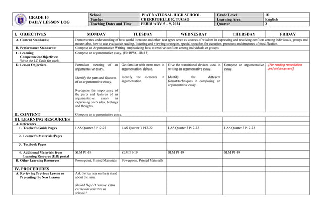 LESSON PLAN IN ENGLISH 10 QUARTER 3 MODULE 1 - COMPOSING AN ARGUMENTATIVE ESSAY | DOCX