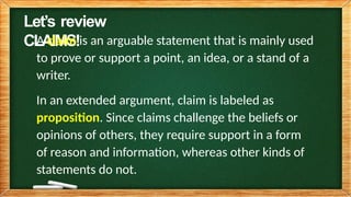 Reading and Writing/ Critical Reading, types of claims | PPTX