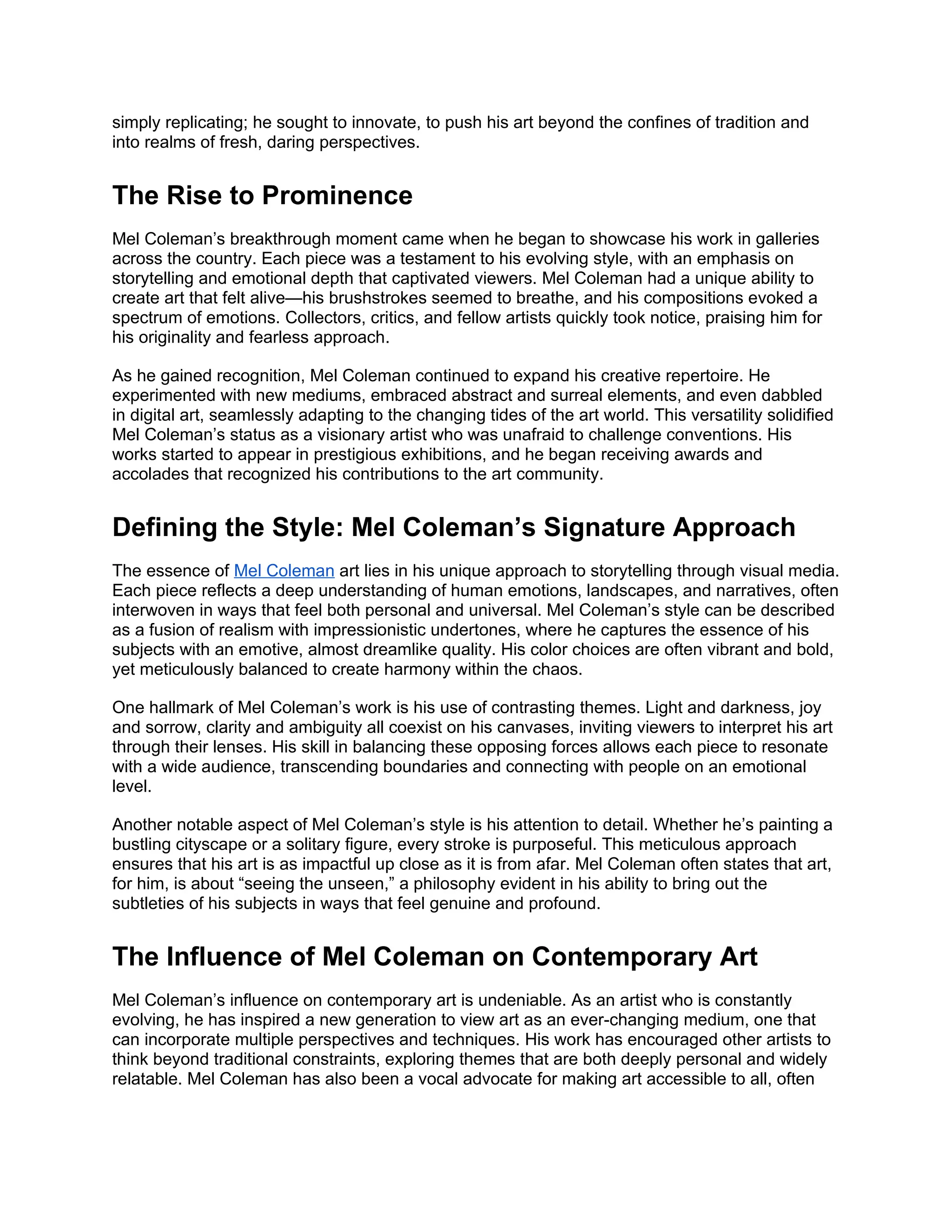 Mel Coleman: The Artistic Journey of a Visionary Creator | PDF