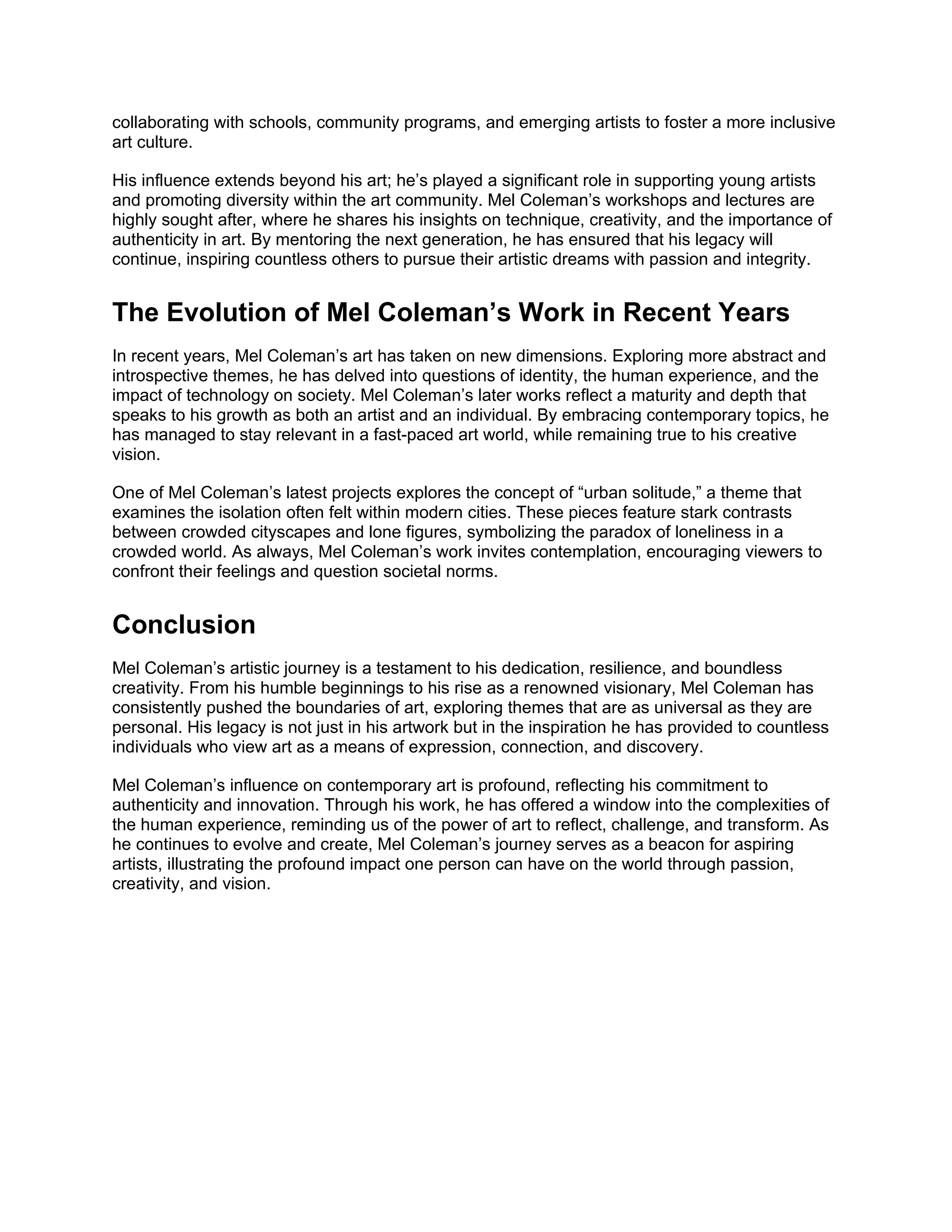 Mel Coleman: The Artistic Journey of a Visionary Creator | PDF