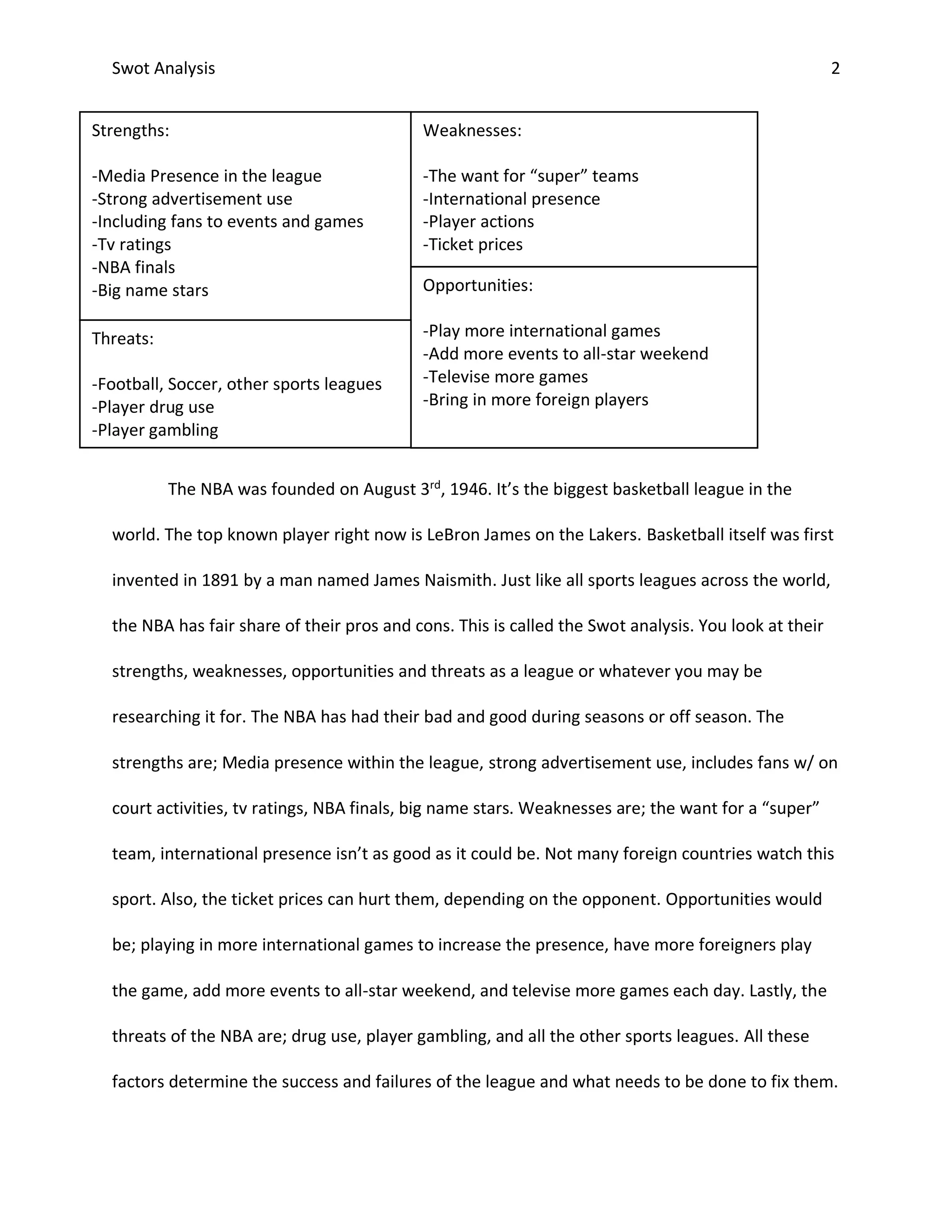 Swot Analysis of the NBA | PDF