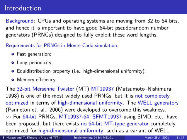 Implementing 64 Bit Maximally Equidistributed F2 Linear Generators With Mersenne Prime Period Ppt