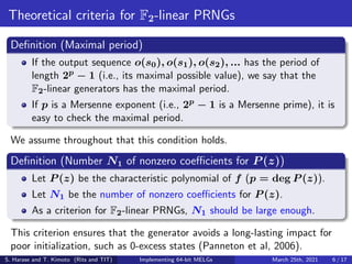 Implementing 64-bit Maximally Equidistributed F2-Linear Generators with Mersenne Prime Period | PPT
