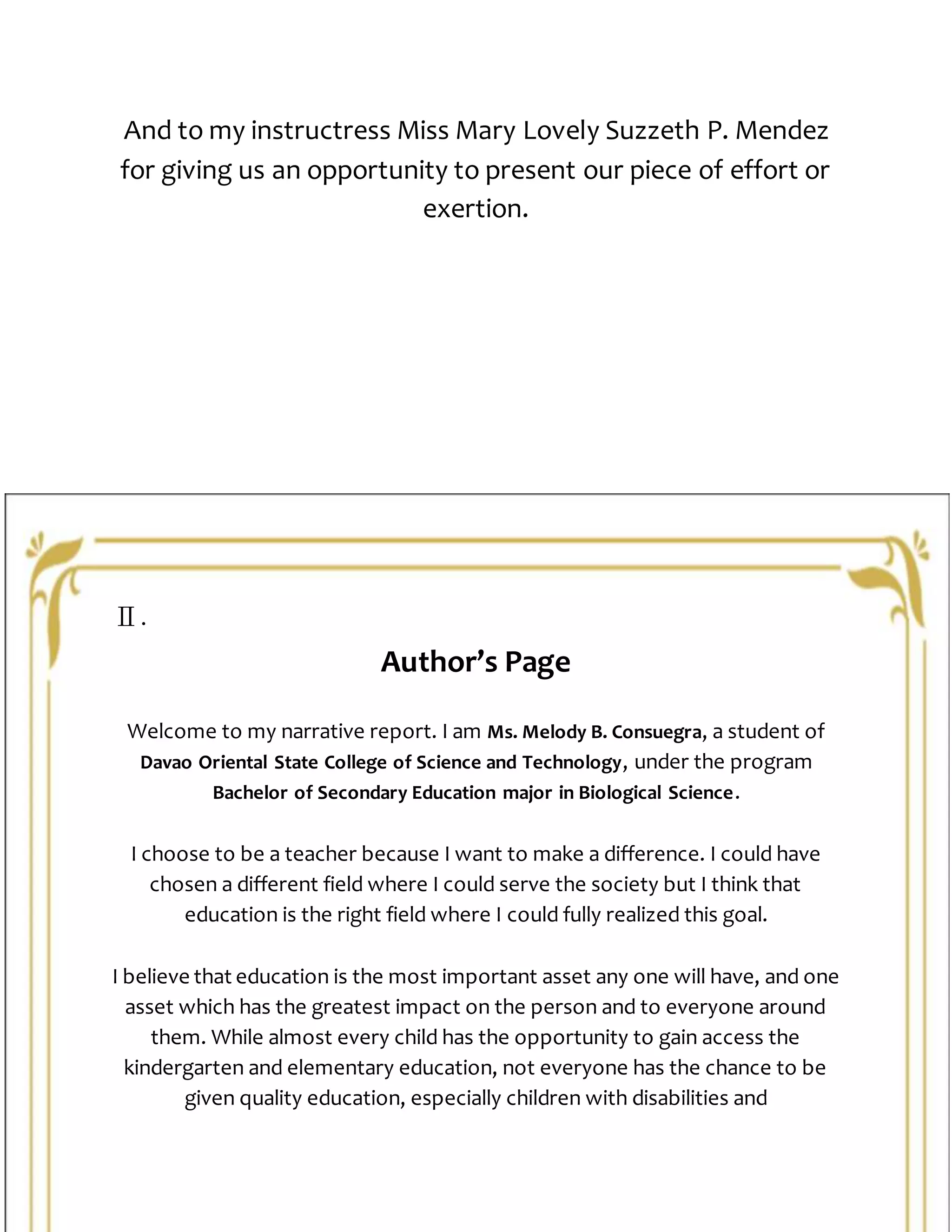 narrative entries for Practice Teaching | DOCX