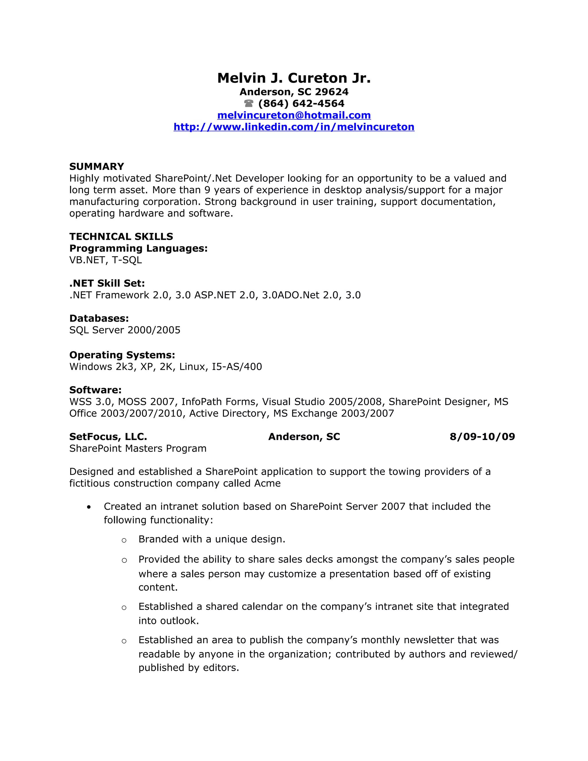 Melvin Cureton Resume | DOC