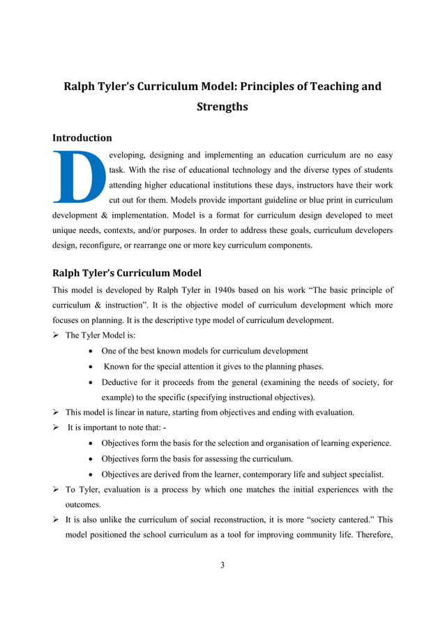 Models of curriculum || Curriculum model || Tyler's Curriculum Model | PDF
