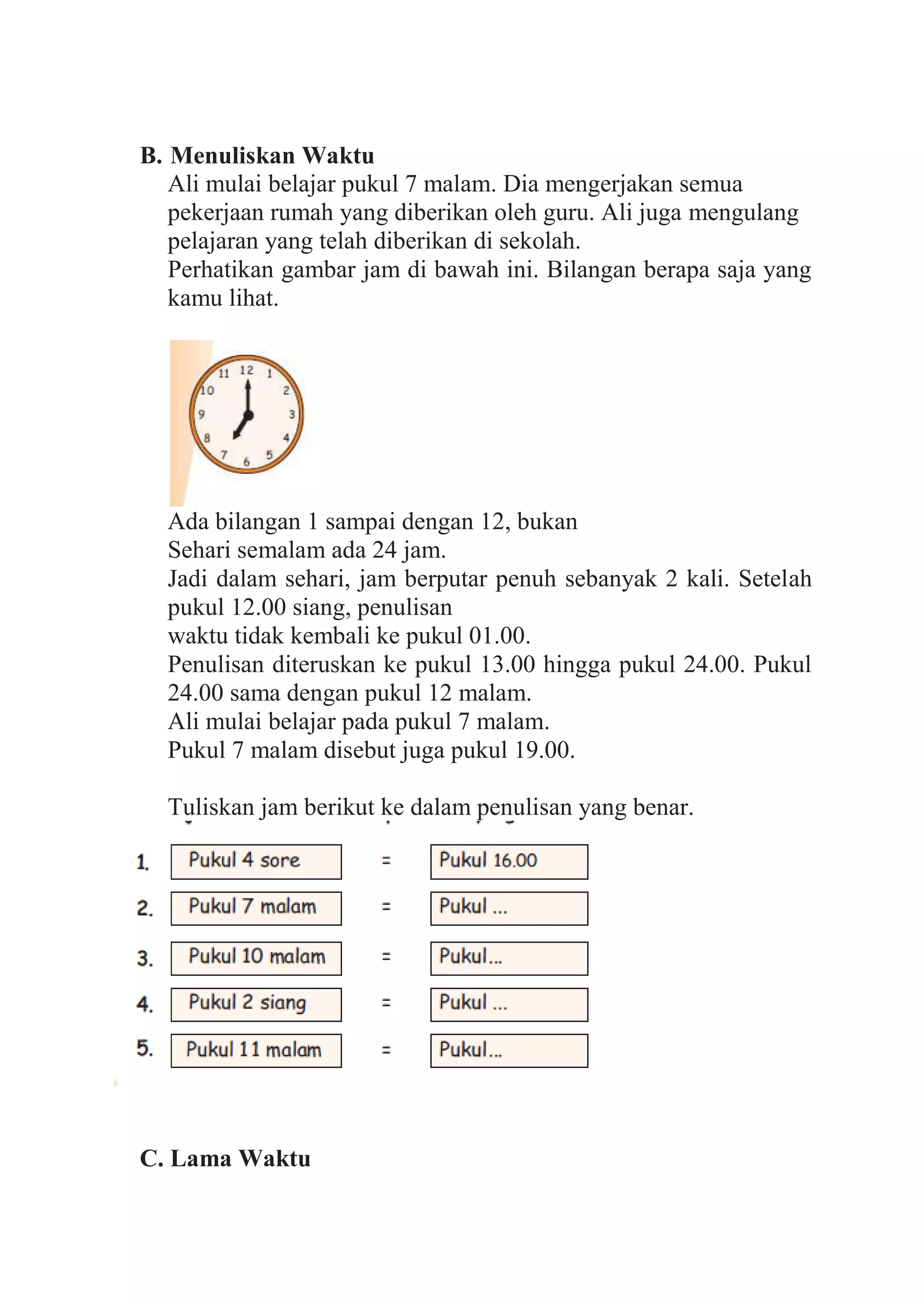 Matematika Kelas II : Membaca dan menentukan jam | DOCX