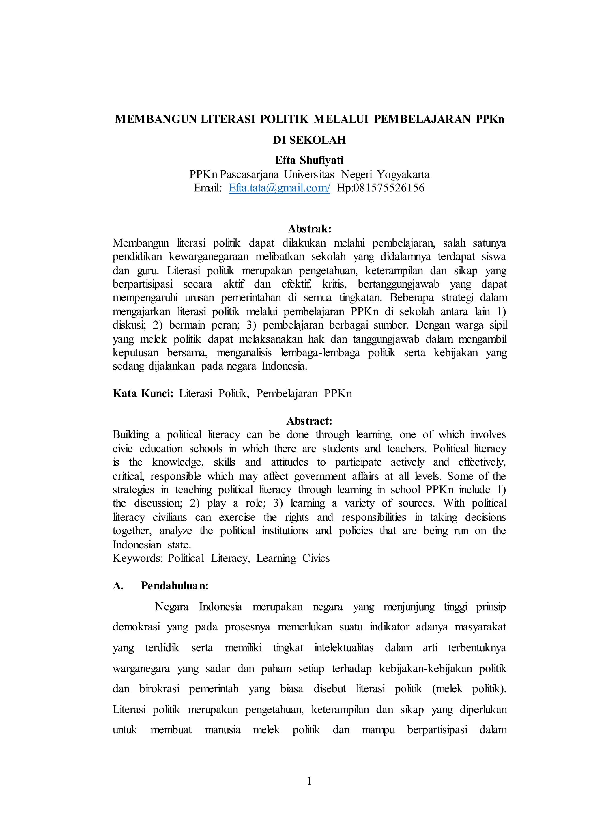 Membangun literasi politik melalui pembelajaran ppkn di sekolah | DOCX