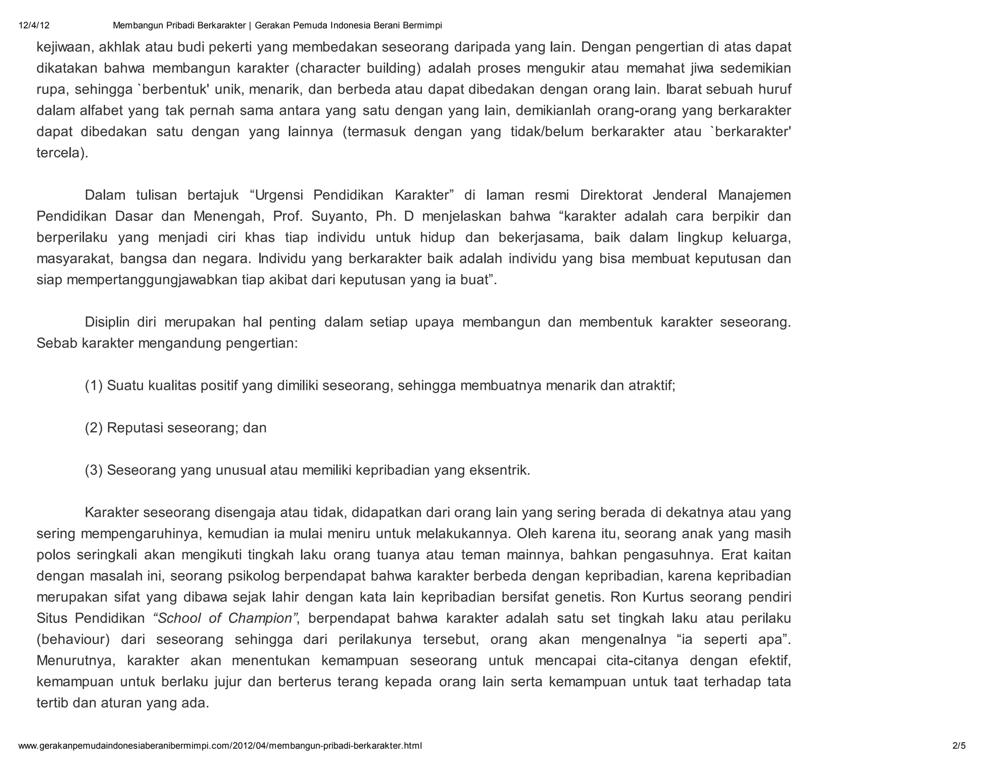 Membangun pribadi berkarakter gerakan pemuda indonesia berani bermimpi ...