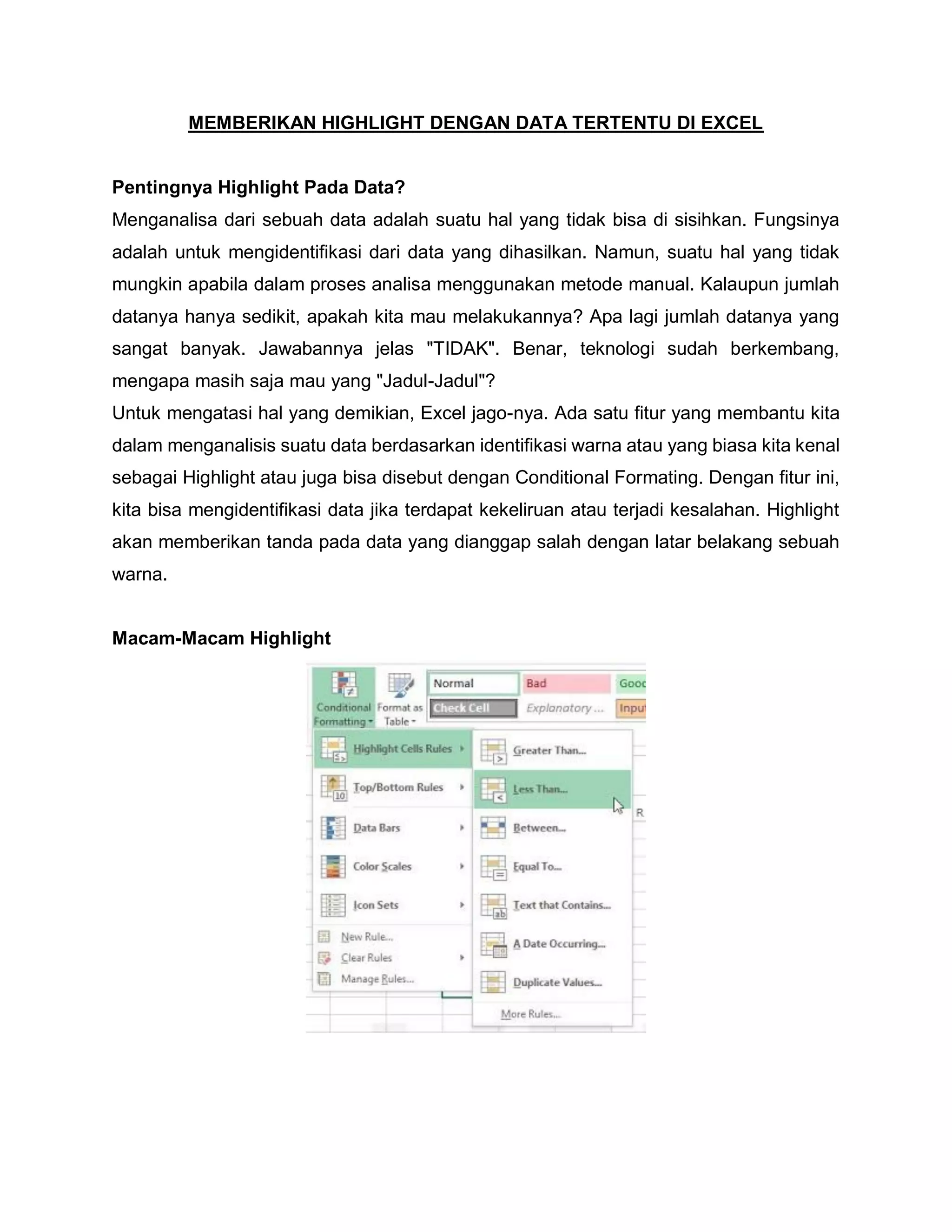 Memberikan highlight dengan data tertentu di excel | PDF