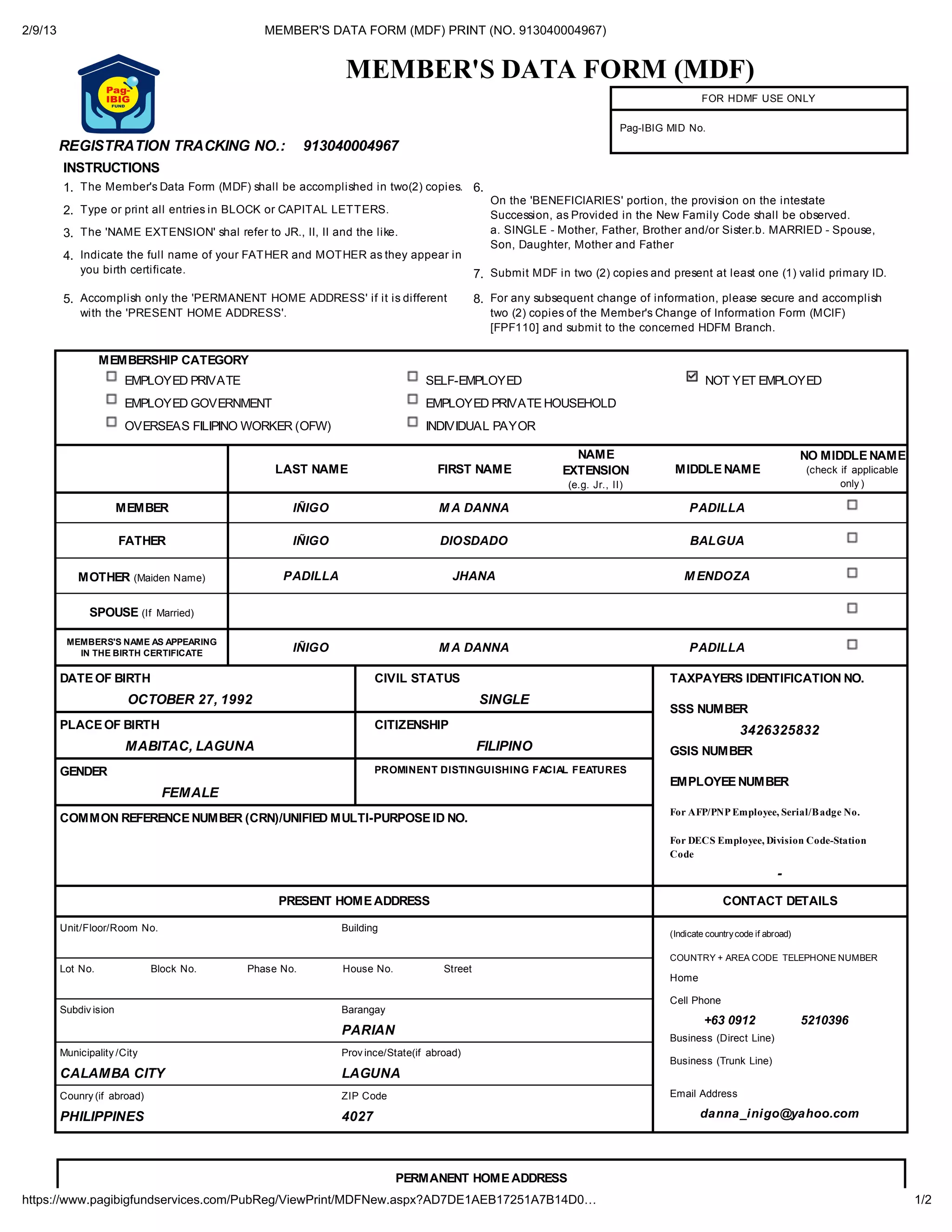 Member's data form (mdf) print (no | PDF