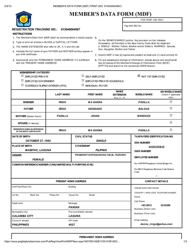Member's data form (mdf) print (no | PDF