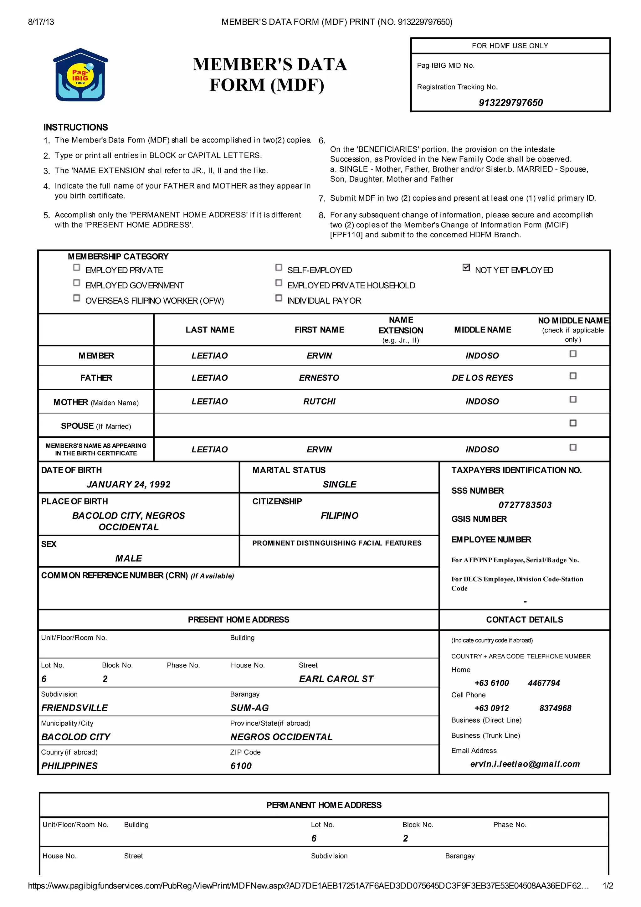 Member's data form (mdf) print (no | PDF