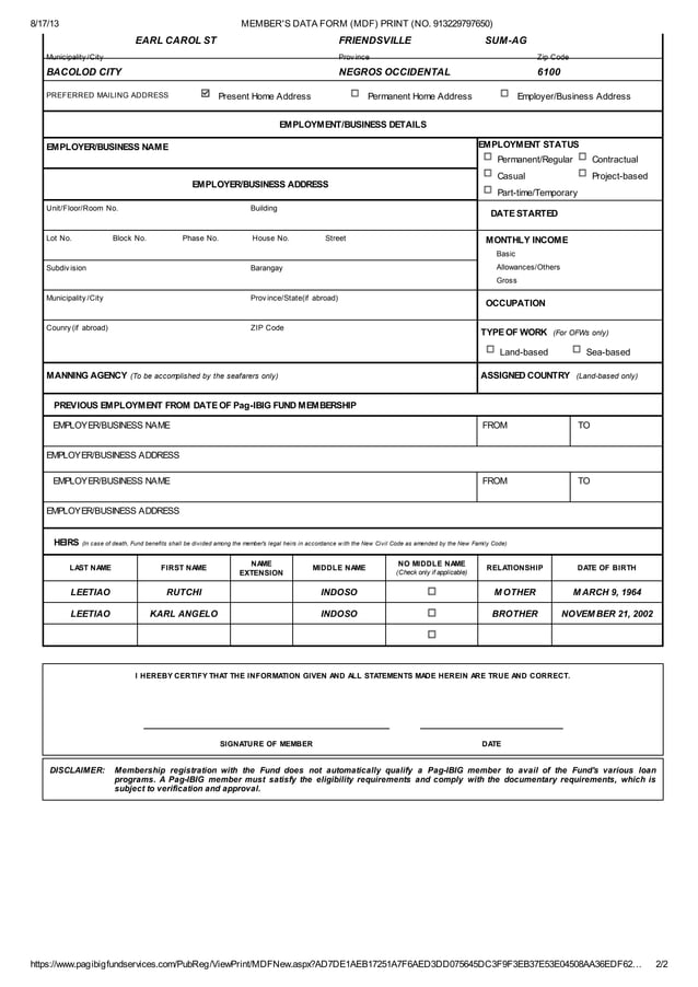Member's data form (mdf) print (no | PDF | Careers