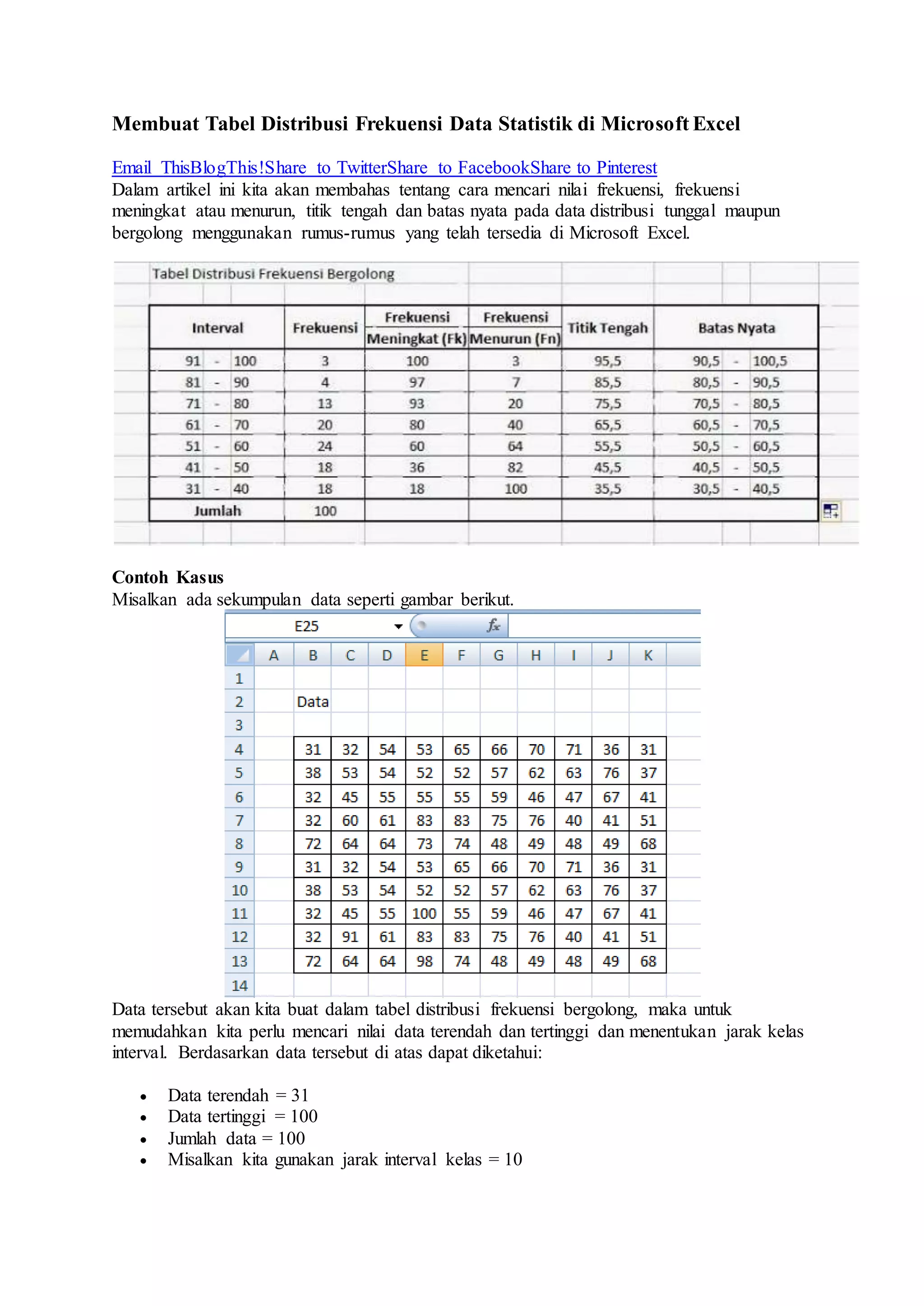 Membuat tabel distribusi frekuensi data statistik di microsoft excel | DOCX