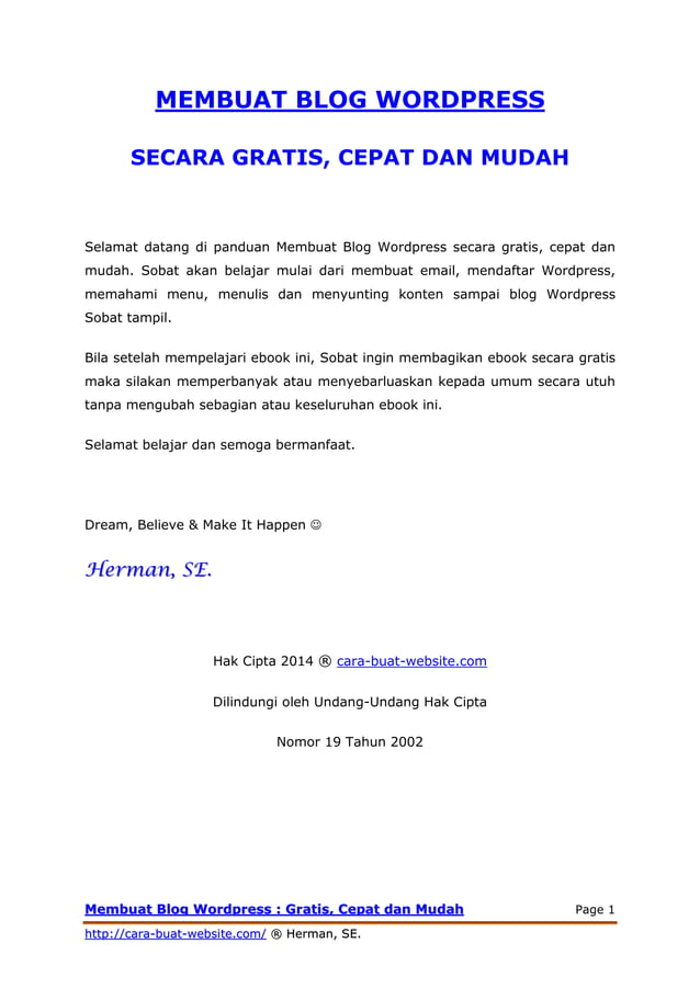 Membuat Blog Wordpress Secara Gratis, Cepat Dan Mudah | PDF