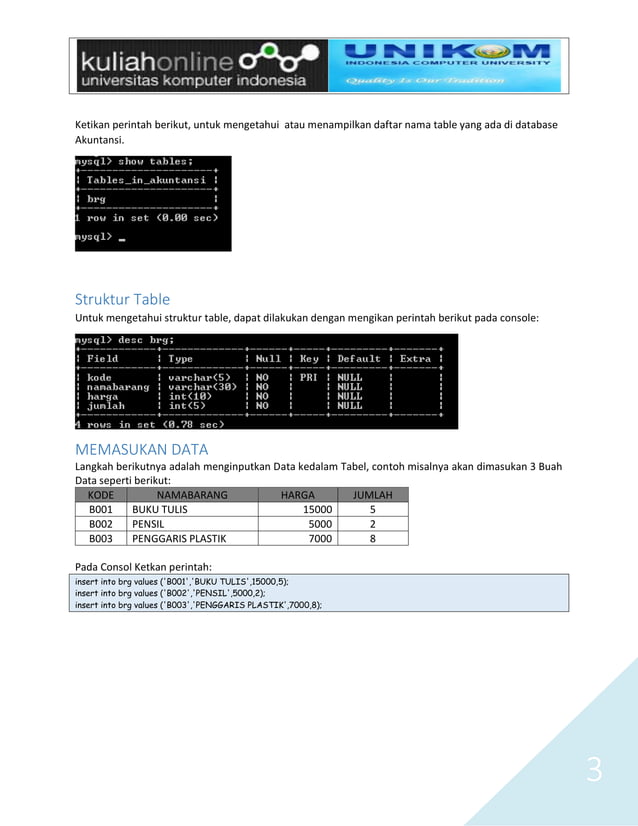 Membuat database dan tabel melalui console mysql | PDF