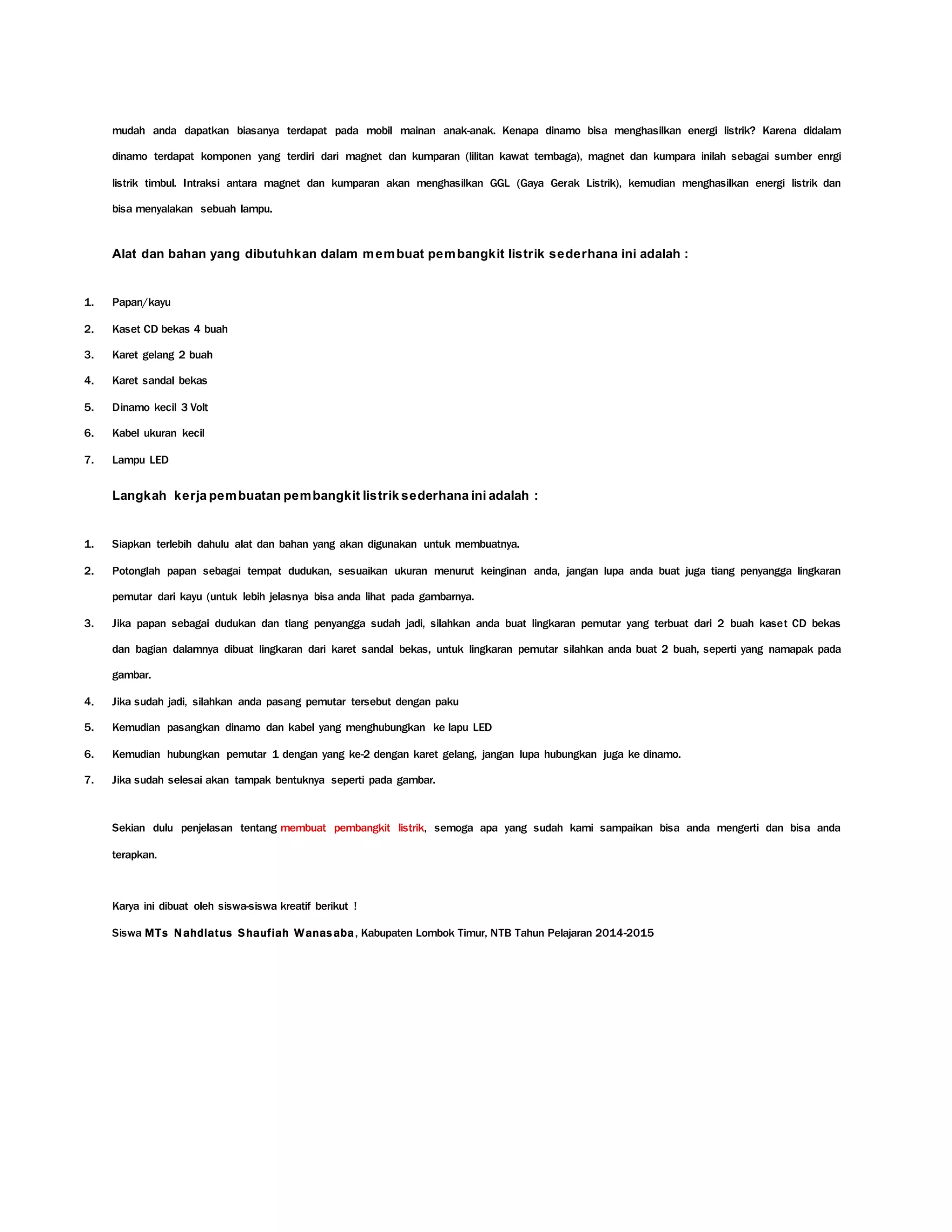 Membuat pembangkit listrik sederhana | DOCX