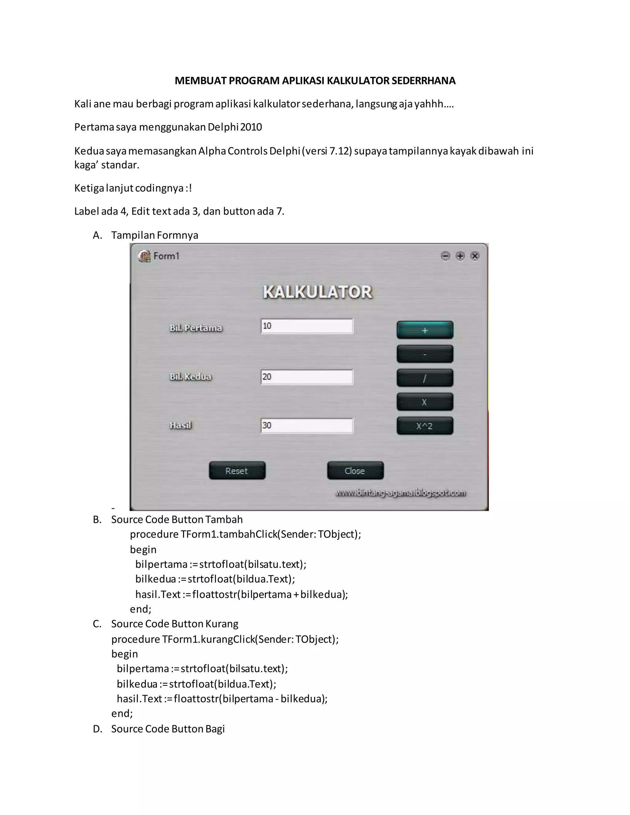 Membuat program aplikasi kalkulator sederrhana dengan delphi | DOCX