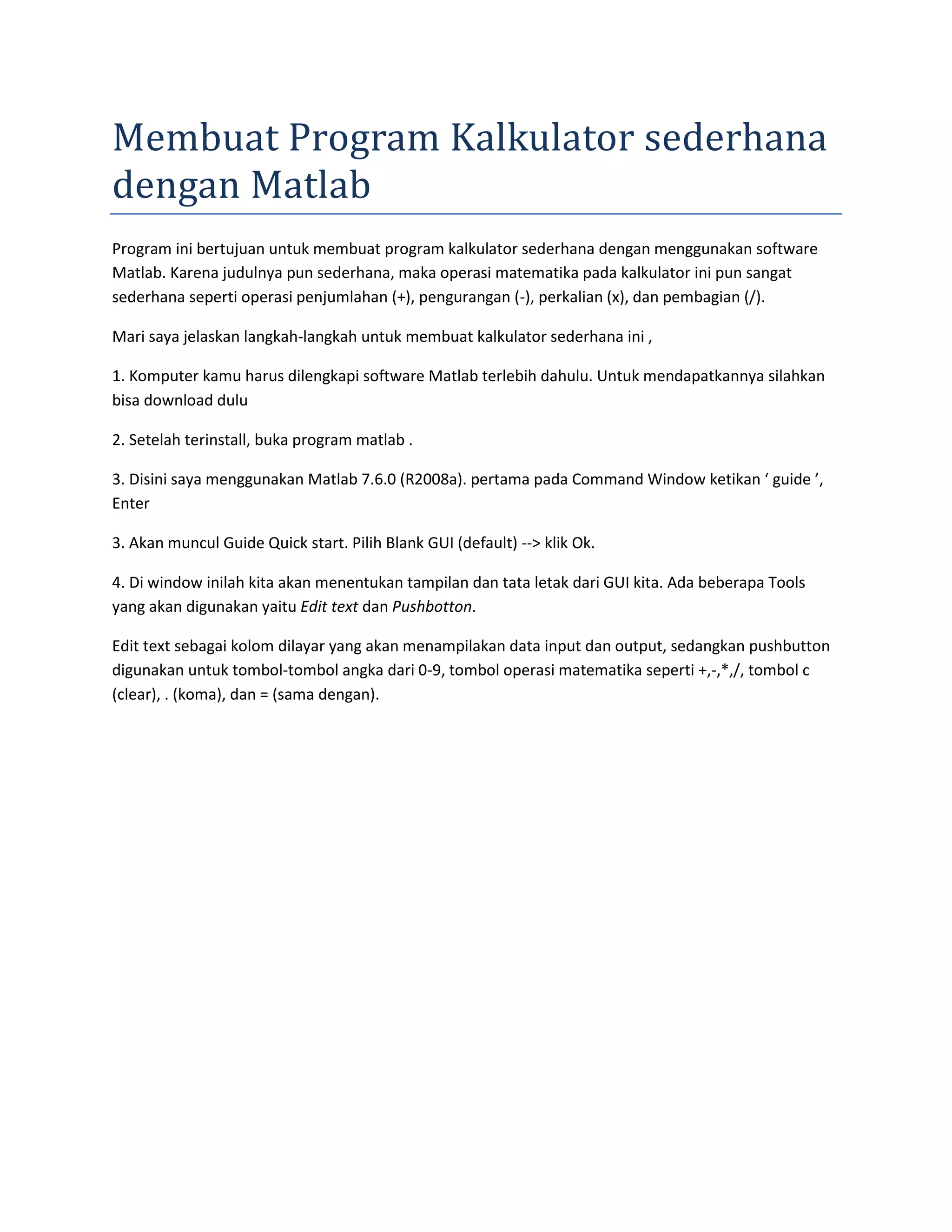 Membuat program kalkulator sederhana dengan matlab | DOCX